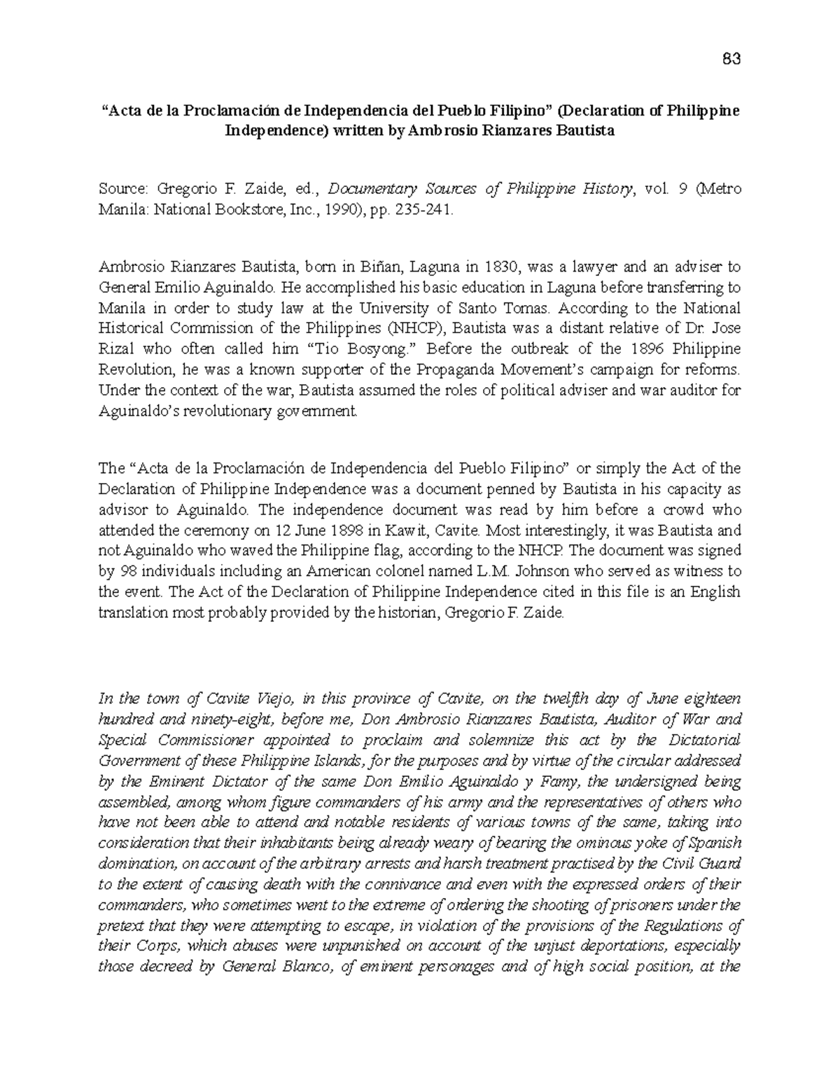 Declaration of Philippine Independence - Philippine- History- Source ...