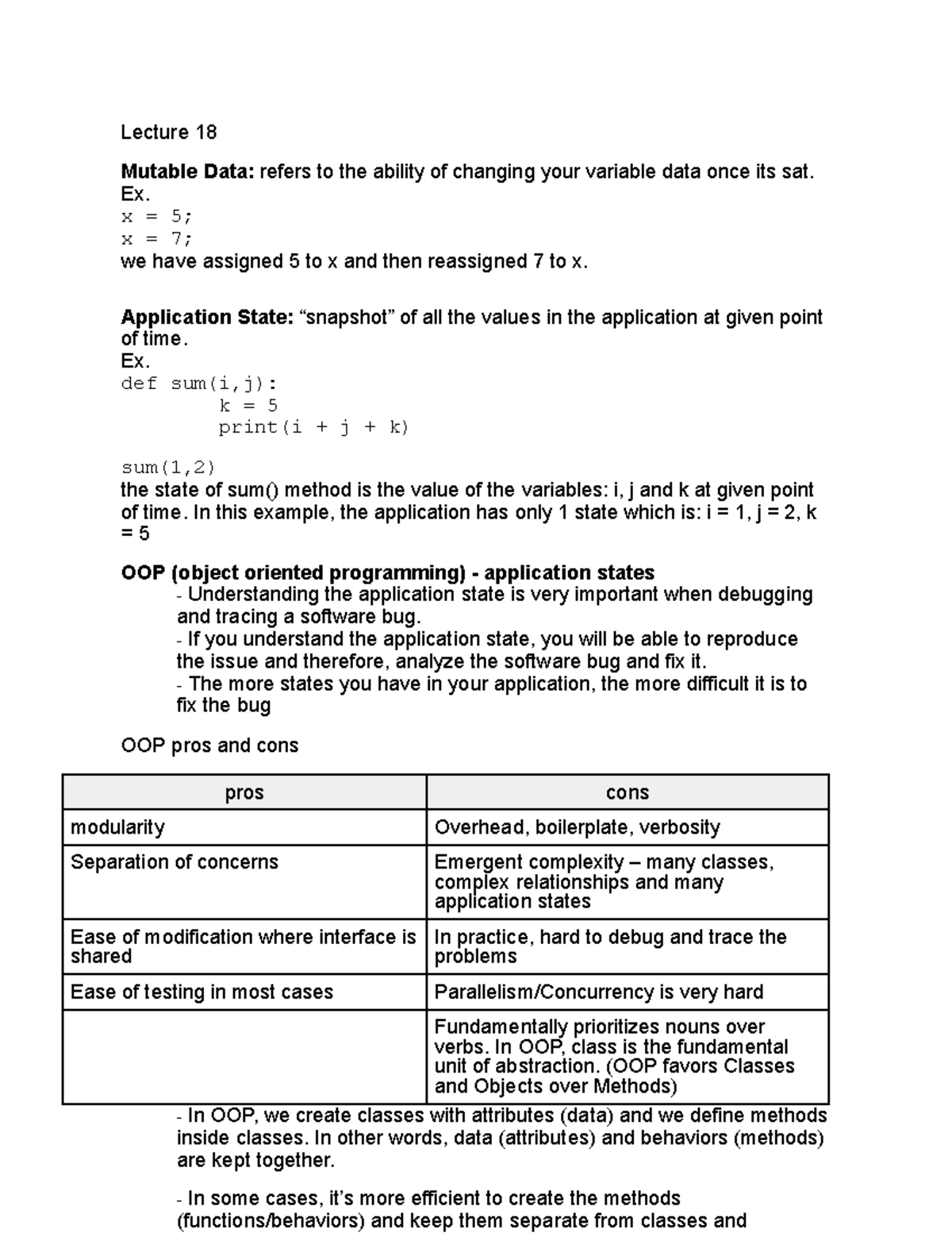 CS1660 Final Study Guide (Lecture 18) - Lecture 18 Mutable Data: refers to the ability of ...