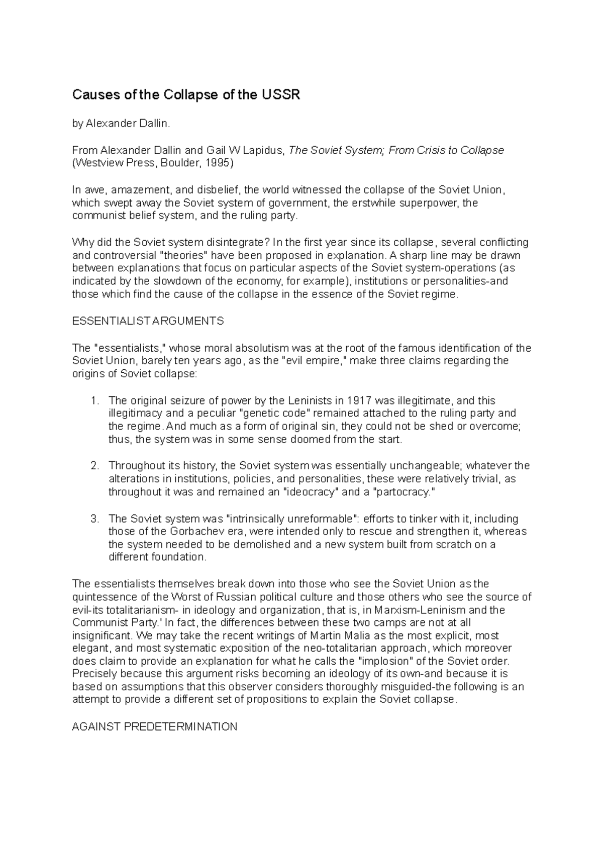 Dallin chapter Causes of the collapse of the USSR - Causes of the ...