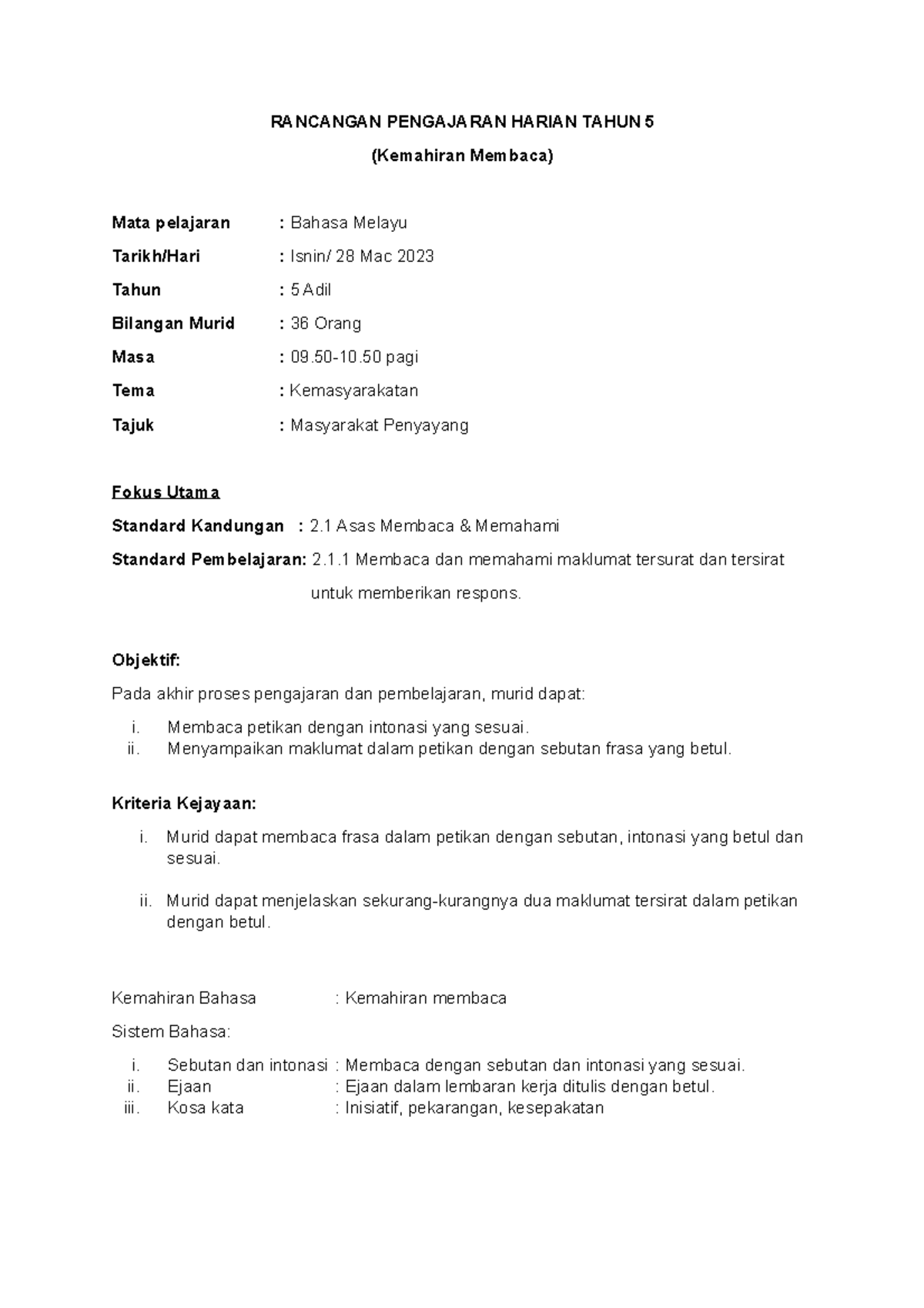 RPH BM M9 (Isnin) - Bahasa Melayu - RANCANGAN PENGAJARAN HARIAN TAHUN 5 (Kemahiran Membaca) Mata ...