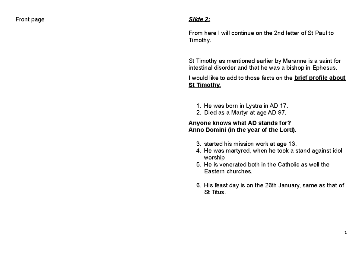 Script on second Timothy - Copy - Front page Slide 2: From here I will ...