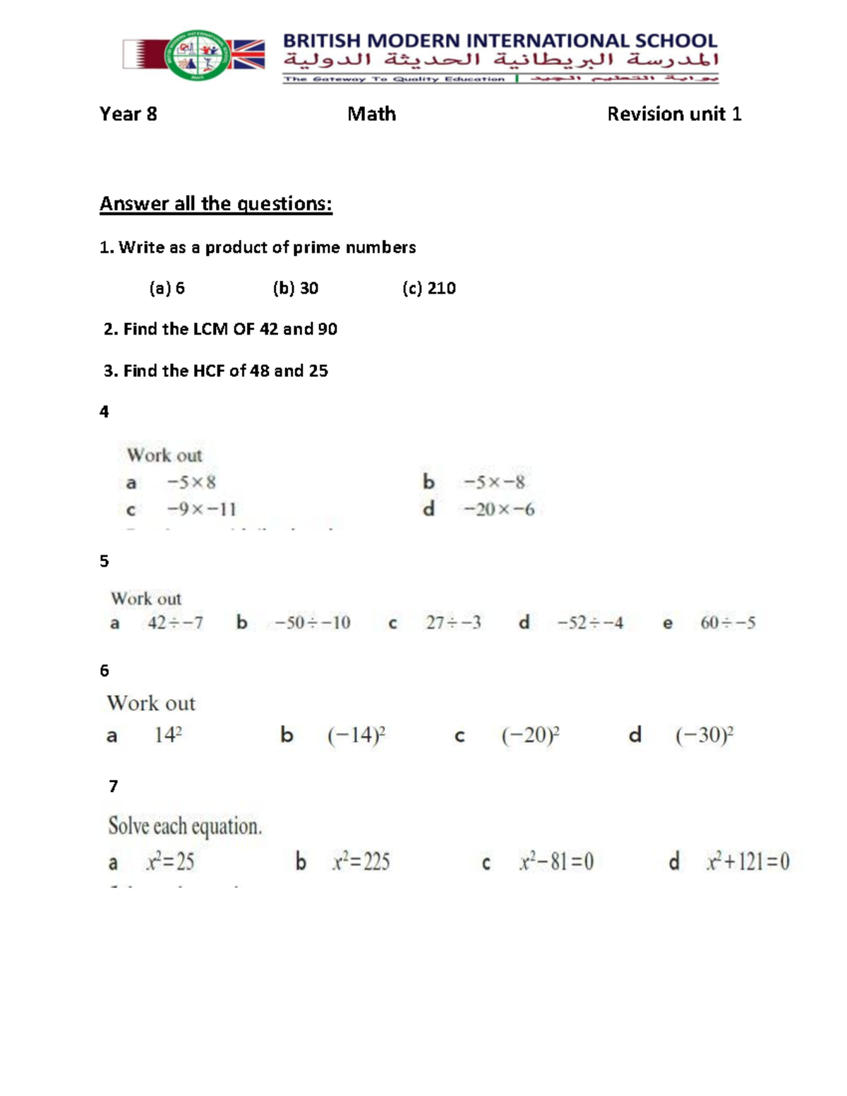 Year 8 UK Maths Revision Worksheets Murray Singer