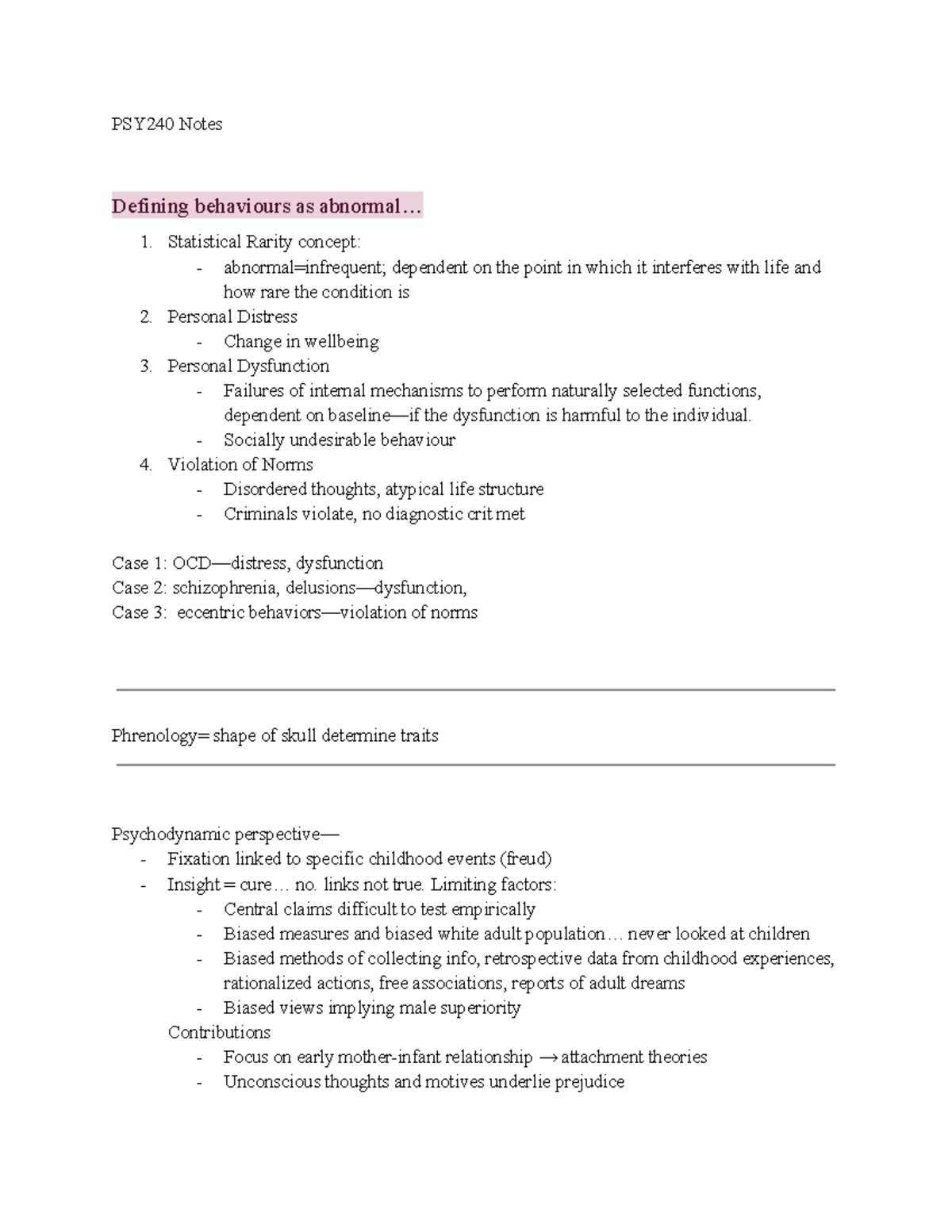 PSY240 Notes - PSY240 Notes Defining behaviours as abnormal ...