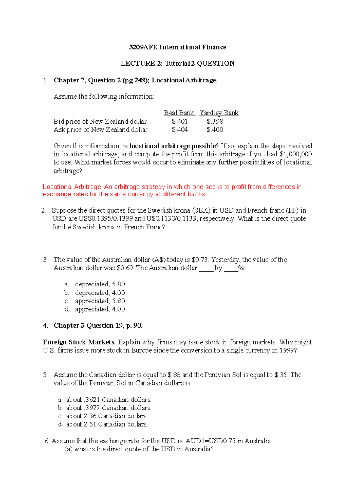 Workshop 2 Questions T2 2019 - 3209AFE International Finance LECTURE 2 ...