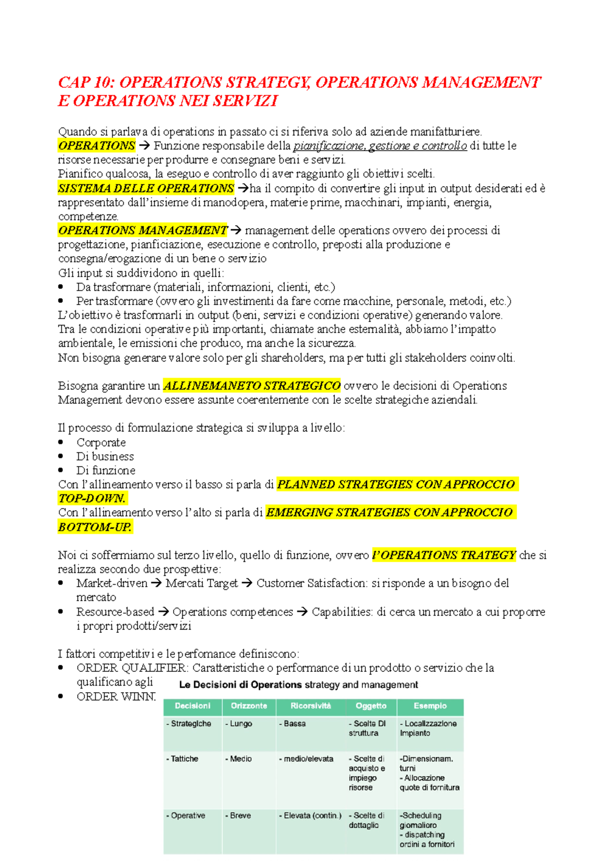 Appunti parte 2 - ................ - CAP 10: OPERATIONS STRATEGY, OPERATIONS MANAGEMENT E ...