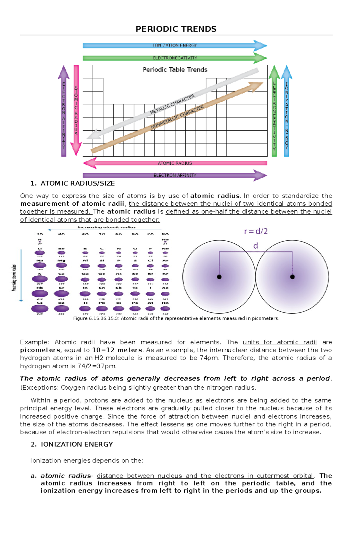 Periodic Trends - PERIODIC TRENDS 1. ATOMIC RADIUS/SIZE One way to ...