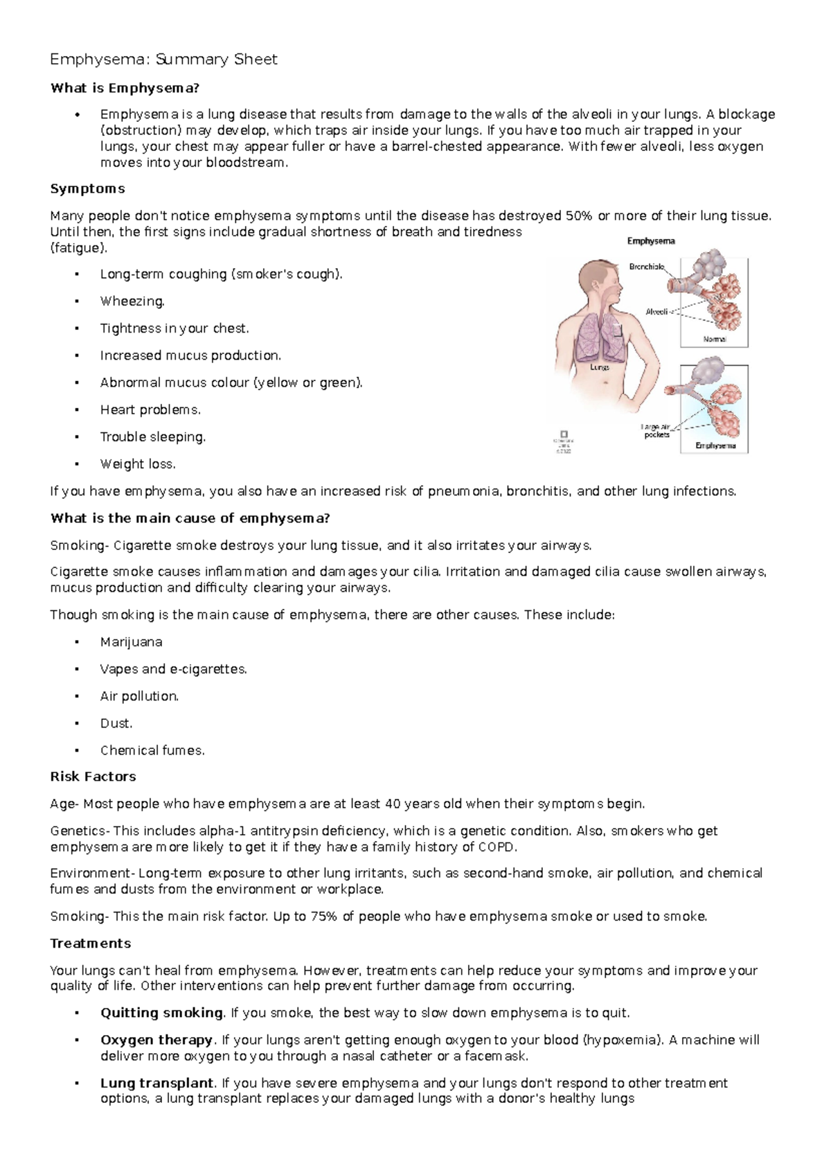 Emphysema summary sheet - Emphysema: Summary Sheet What is Emphysema ...