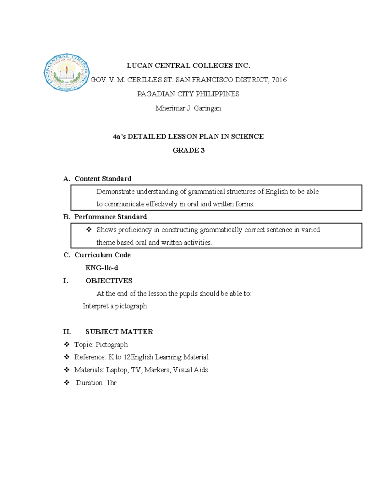 Lesson-PLAN- Mherimar - LUCAN CENTRAL COLLEGES INC. GOV. V. M. CERILLES ...