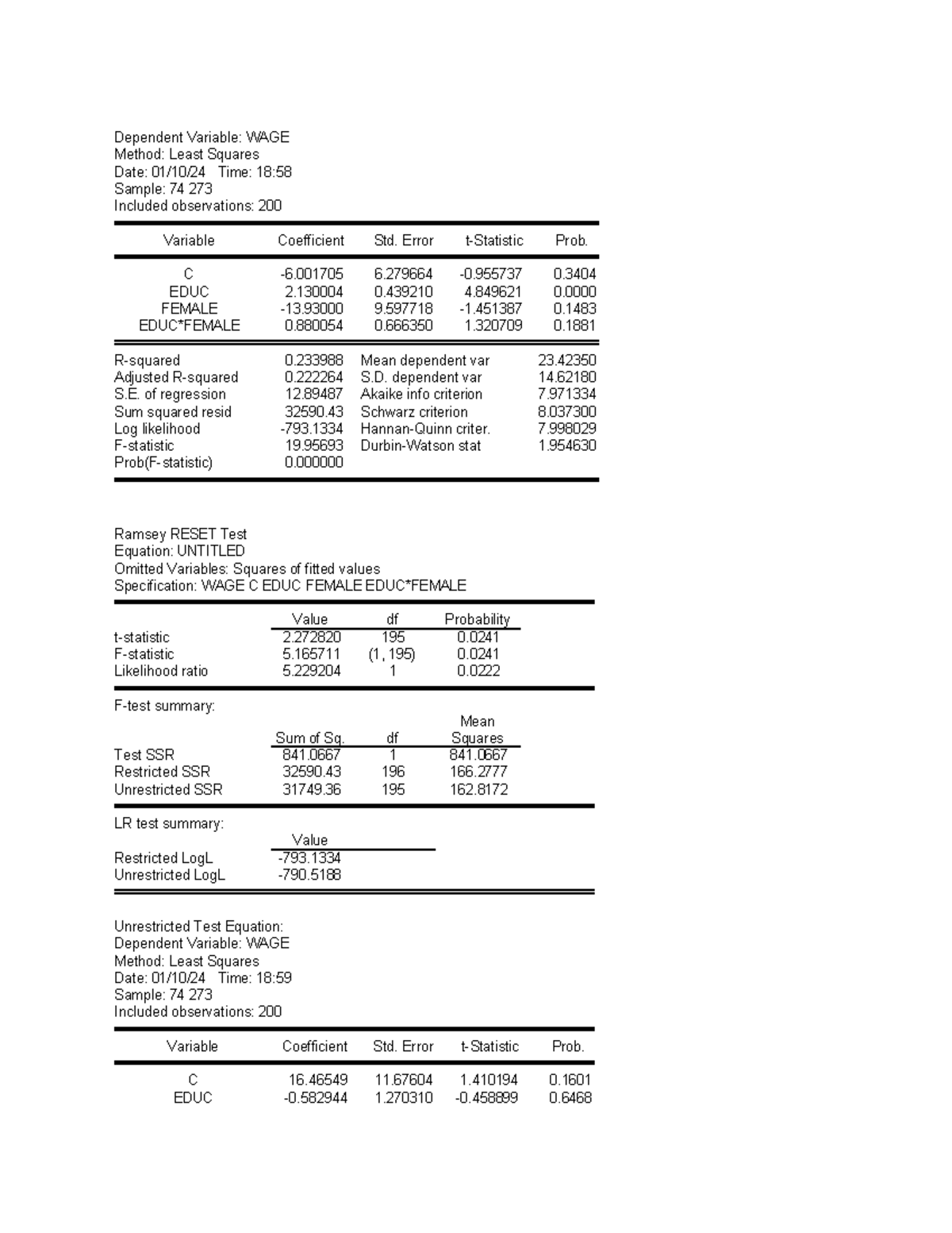 Mô hình kinh tế lượng 3-4 - Dependent Variable: WAGE Method: Least Squares Date: 01/10/24 Time ...