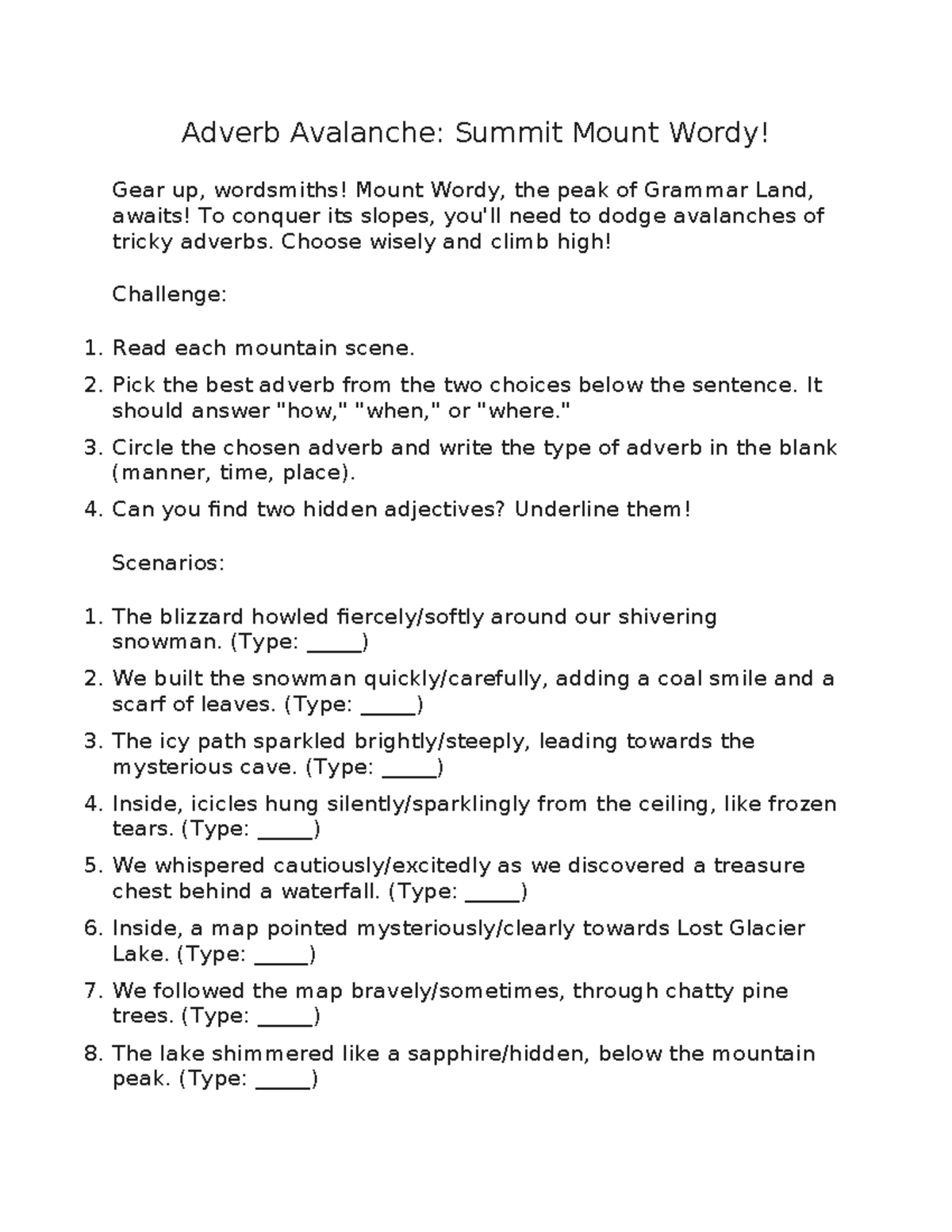 Adverb Avalanche worksheet - Adverb Avalanche: Summit Mount Wordy! Gear ...