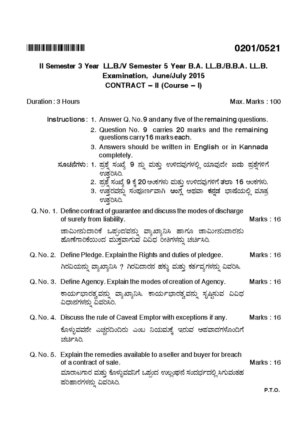JUNE 2015 QUESTION PAPER - Llb - KSLU - Studocu