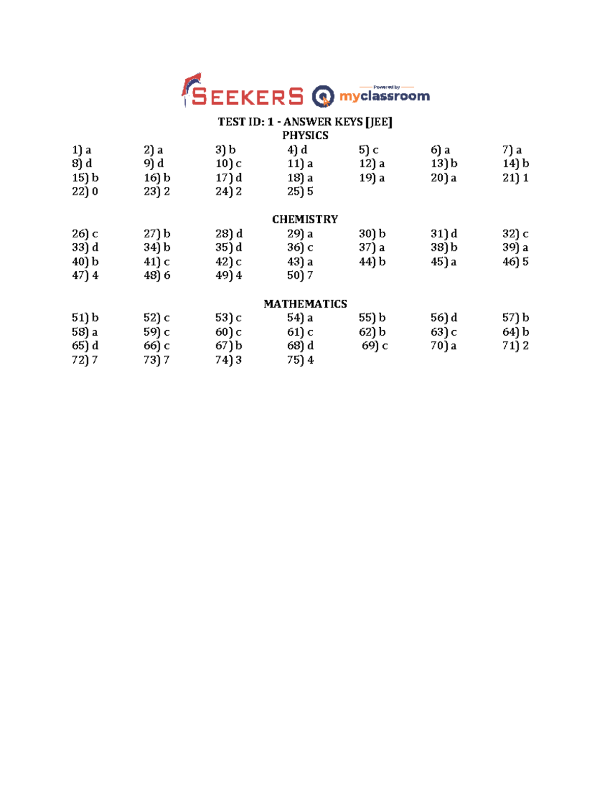 JEE FULL TEST - 1 - Answer KEY - TEST a 2) a 3) b d 9) d 10) c b 16) b ...