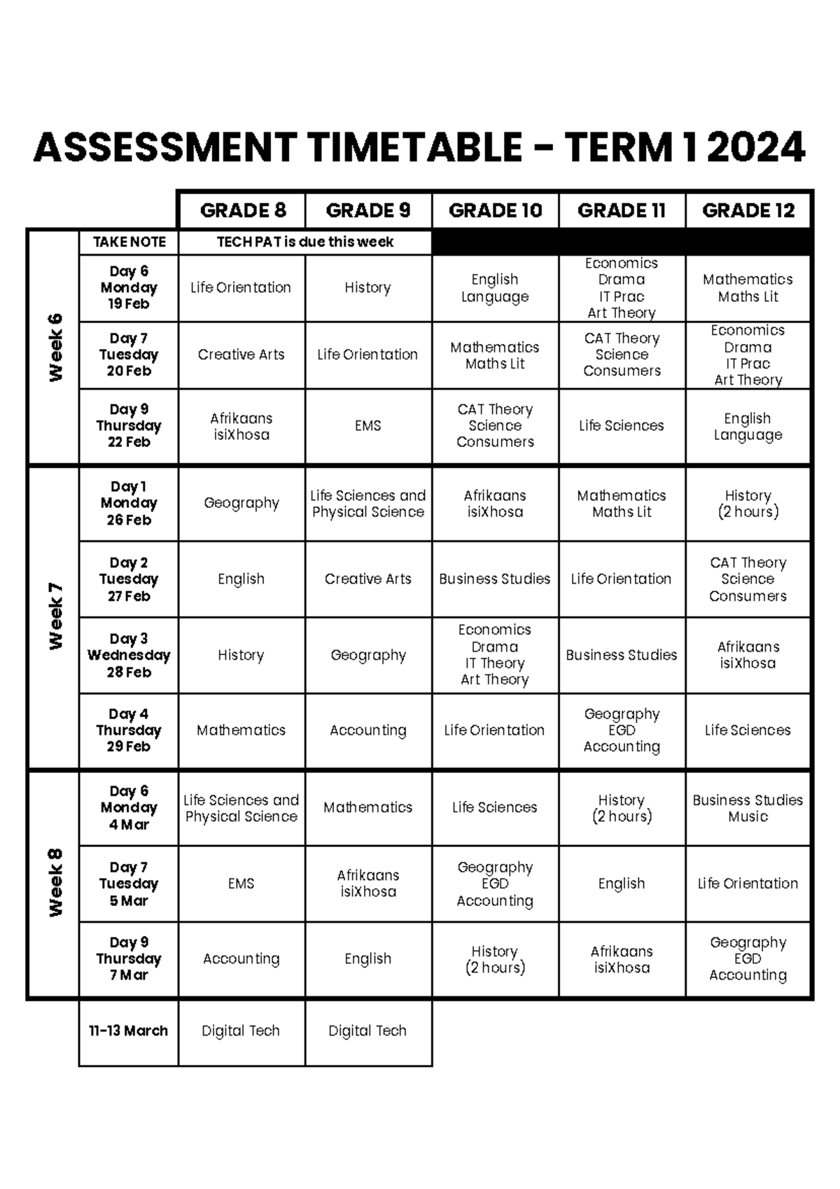 Assessment Timetable Term 1 - ASSESSMENT TIMETABLE - TERM 1 2024 GRADE ...