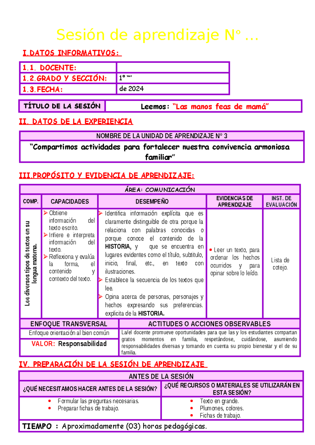 Sesión Leemos Juntos LAS Manos FEAS DE MAMÁ Maestra Janet - Sesión de aprendizaje N° ... I - Studocu