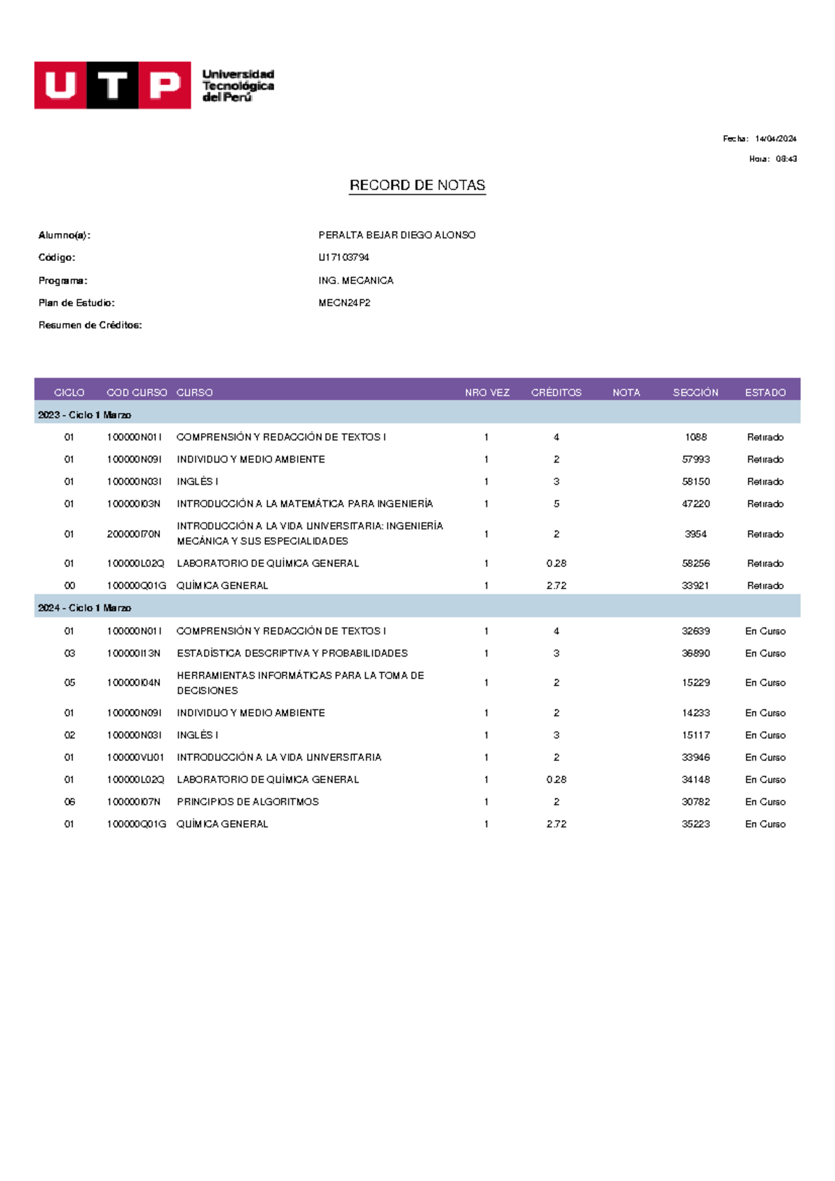 Record notas U17103794 - Fecha: 14/04/ Hora: 08: RECORD DE NOTAS Alumno ...