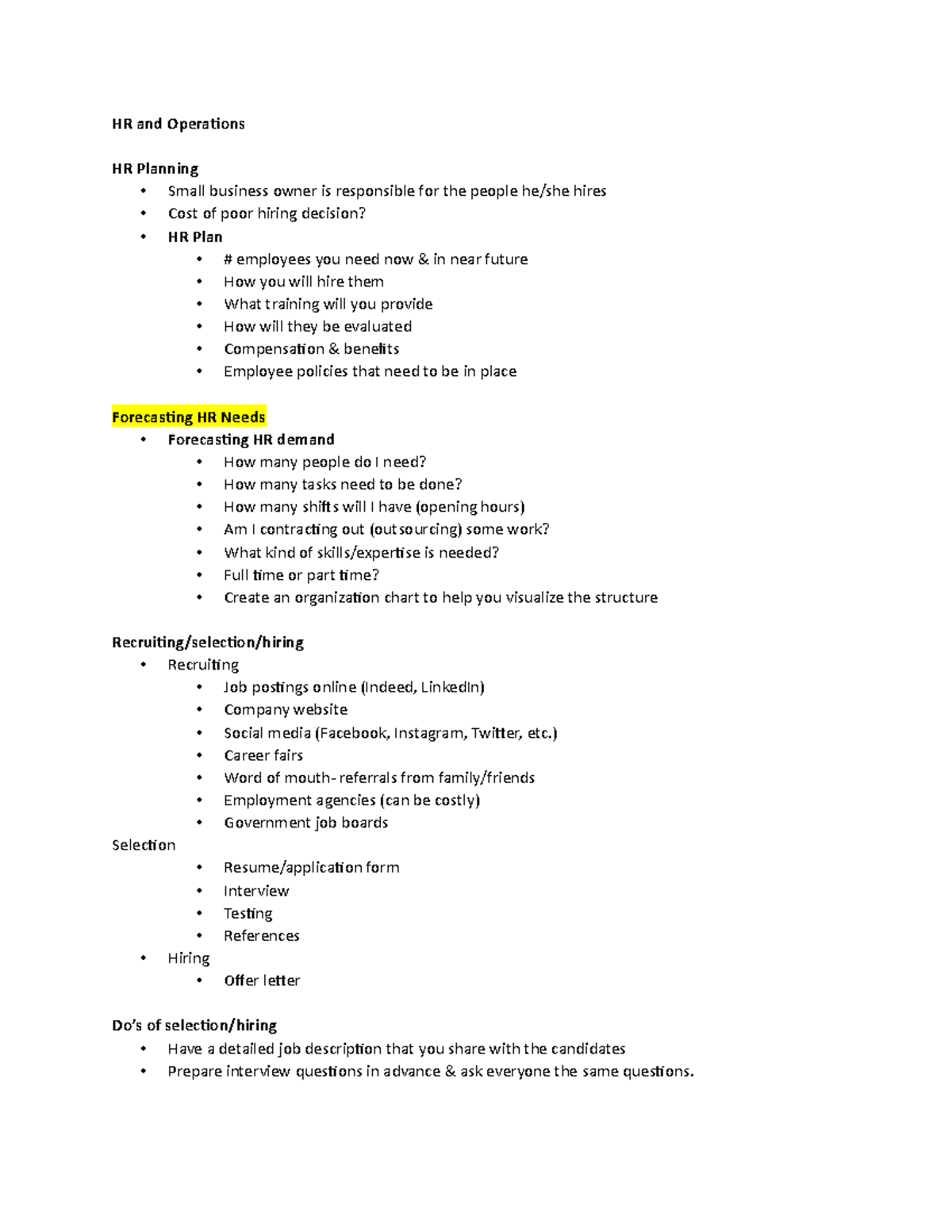 HR - HR Notes - HR and Operations HR Planning - Small business owner is ...