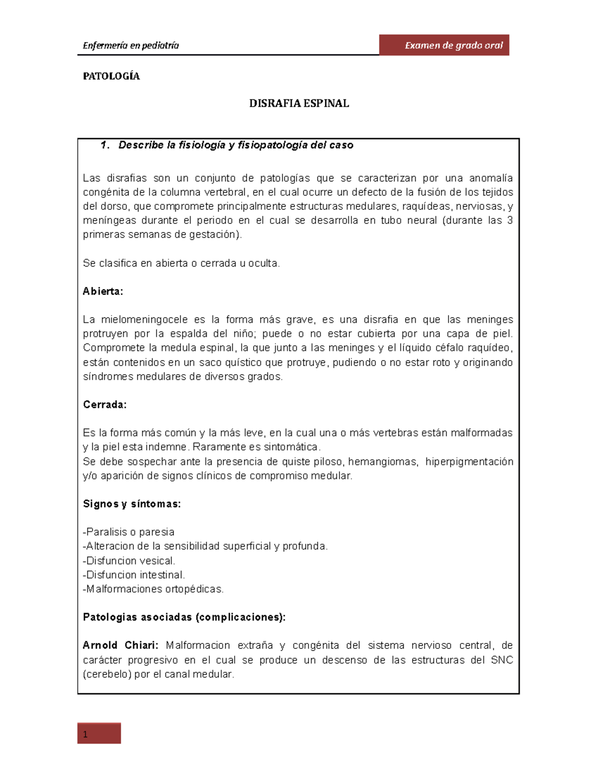 Disrafia espinal - Examen de grado oral en DISRAFIA ESPINAL 1. Describe ...