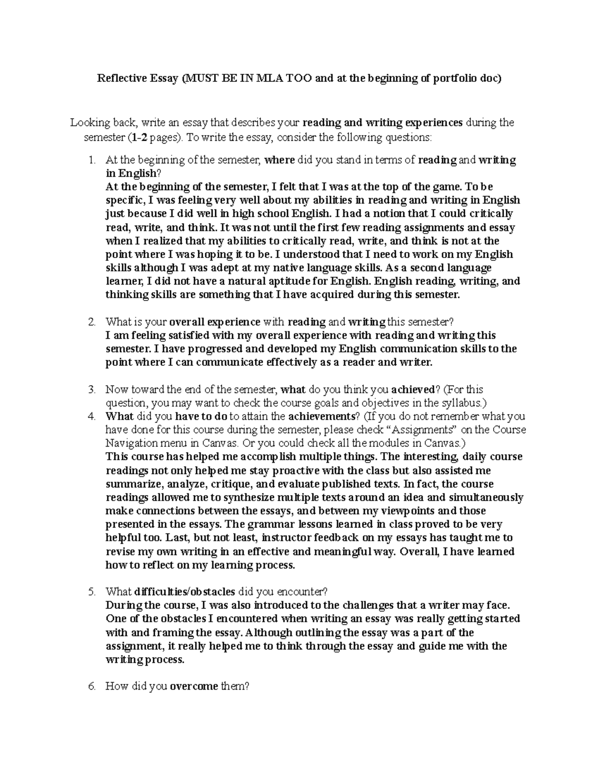 Reflective Letter Portfolio - Reflective Essay (MUST BE IN MLA TOO and ...