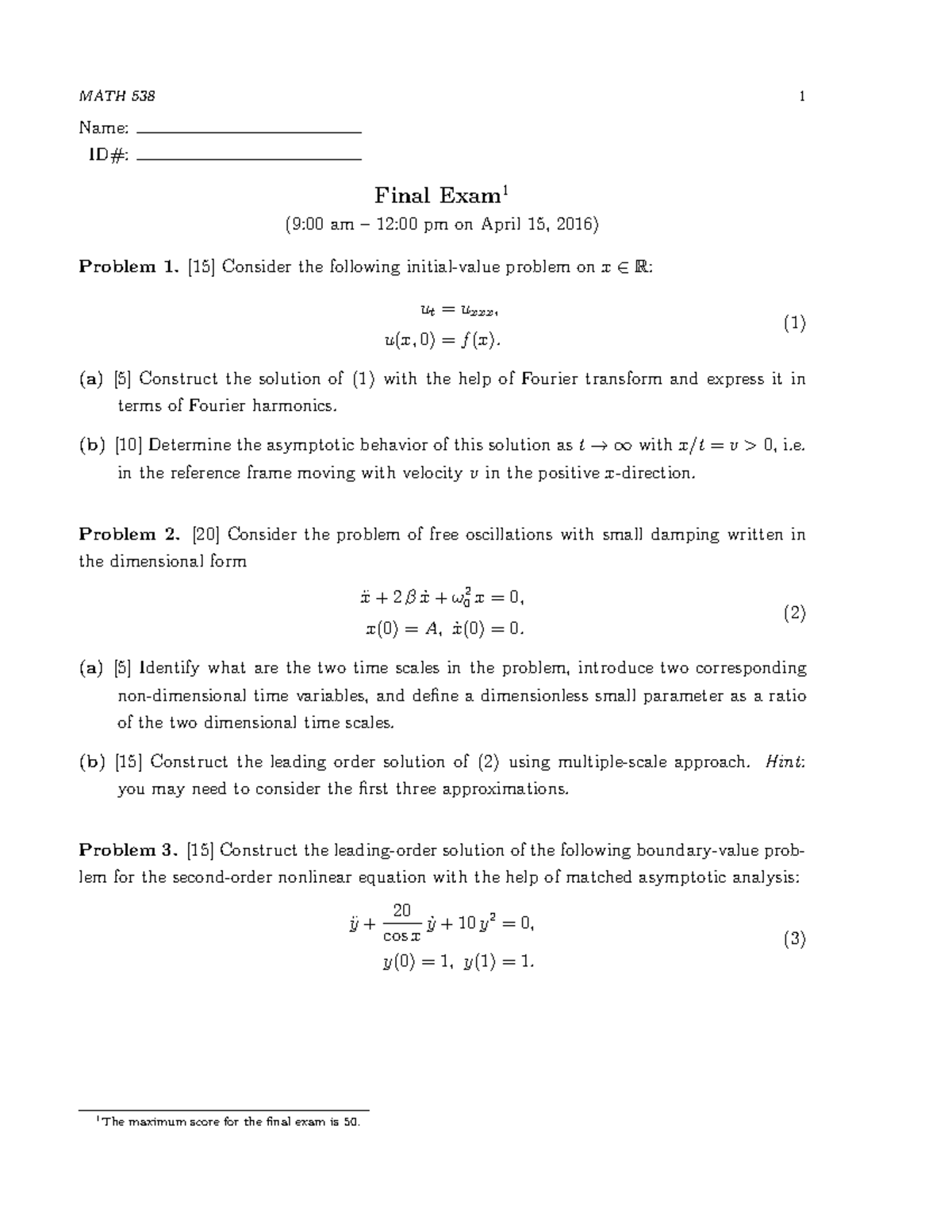Final-sample - Final-sample - MATH 538 1 Name: ID#: Final Exam 1 (9:00 ...