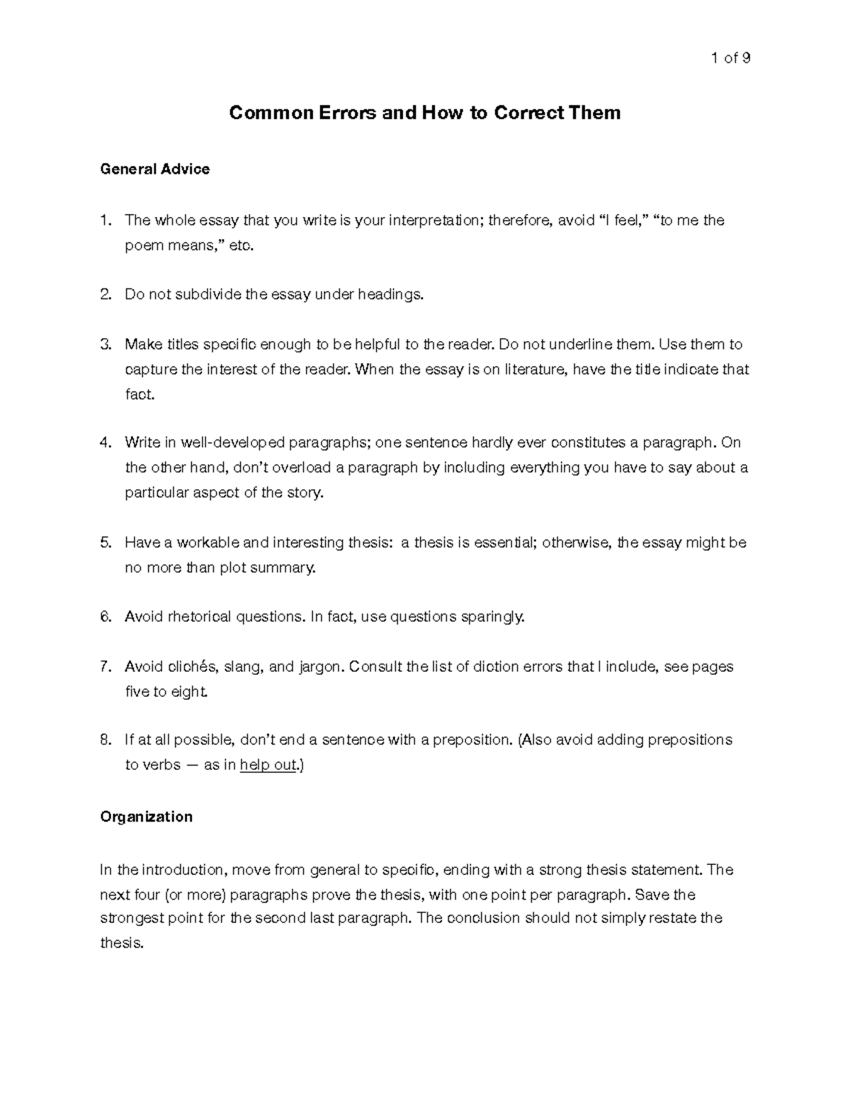 Common Errors Do Not Subdivide The Essay Under Headings Make Titles Specific Enough To Be 