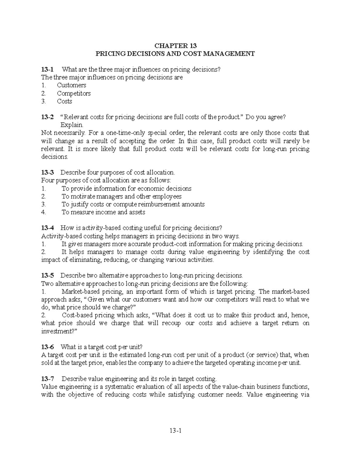 Chap 13- A6 Ans Key - horngren ch 13 ans key - CHAPTER 13 PRICING ...