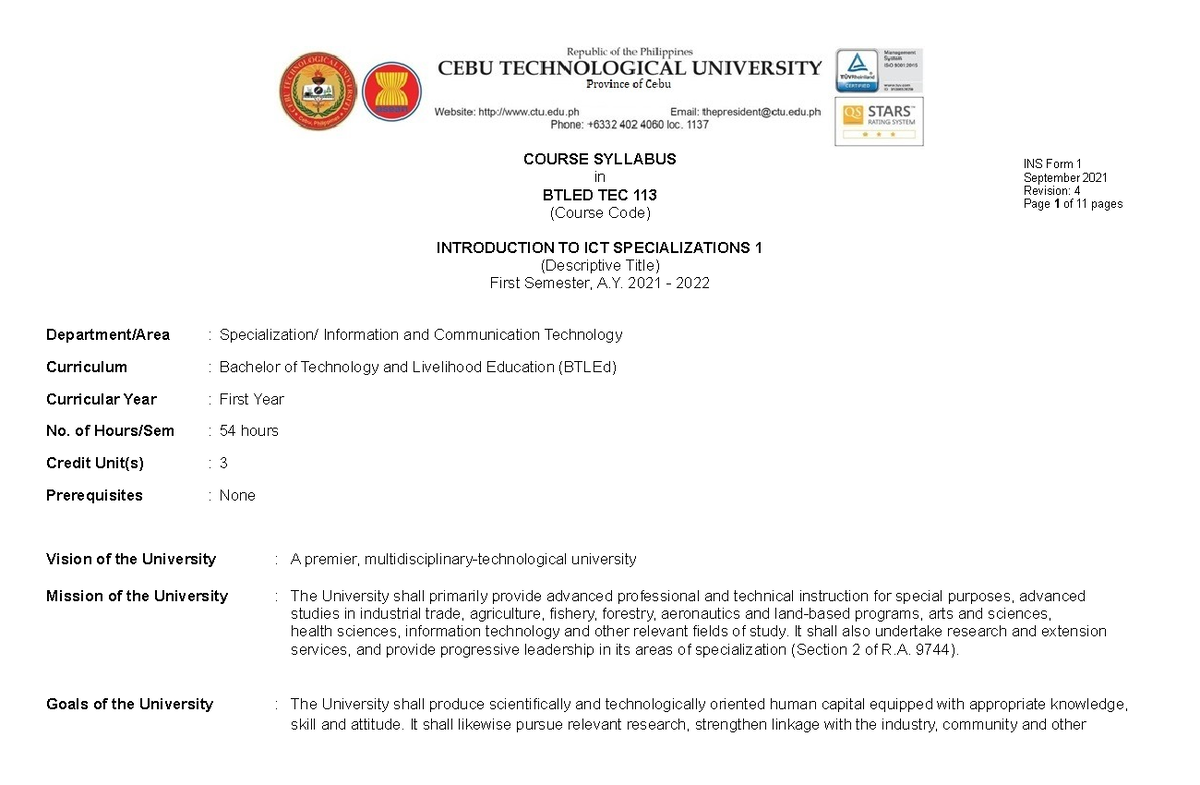introduction toIct specializations - COURSE SYLLABUS in BTLED TEC 113 ...