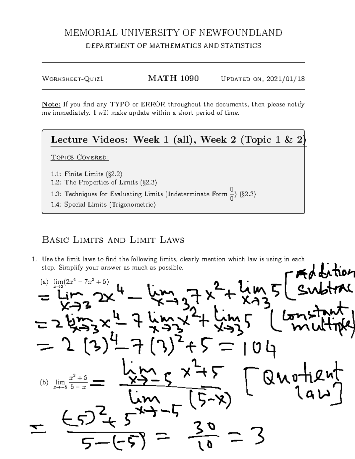 Corrected Math 1000-Practice Worksheet-Quiz1-Soln - MEMORIAL UNIVERSITY ...