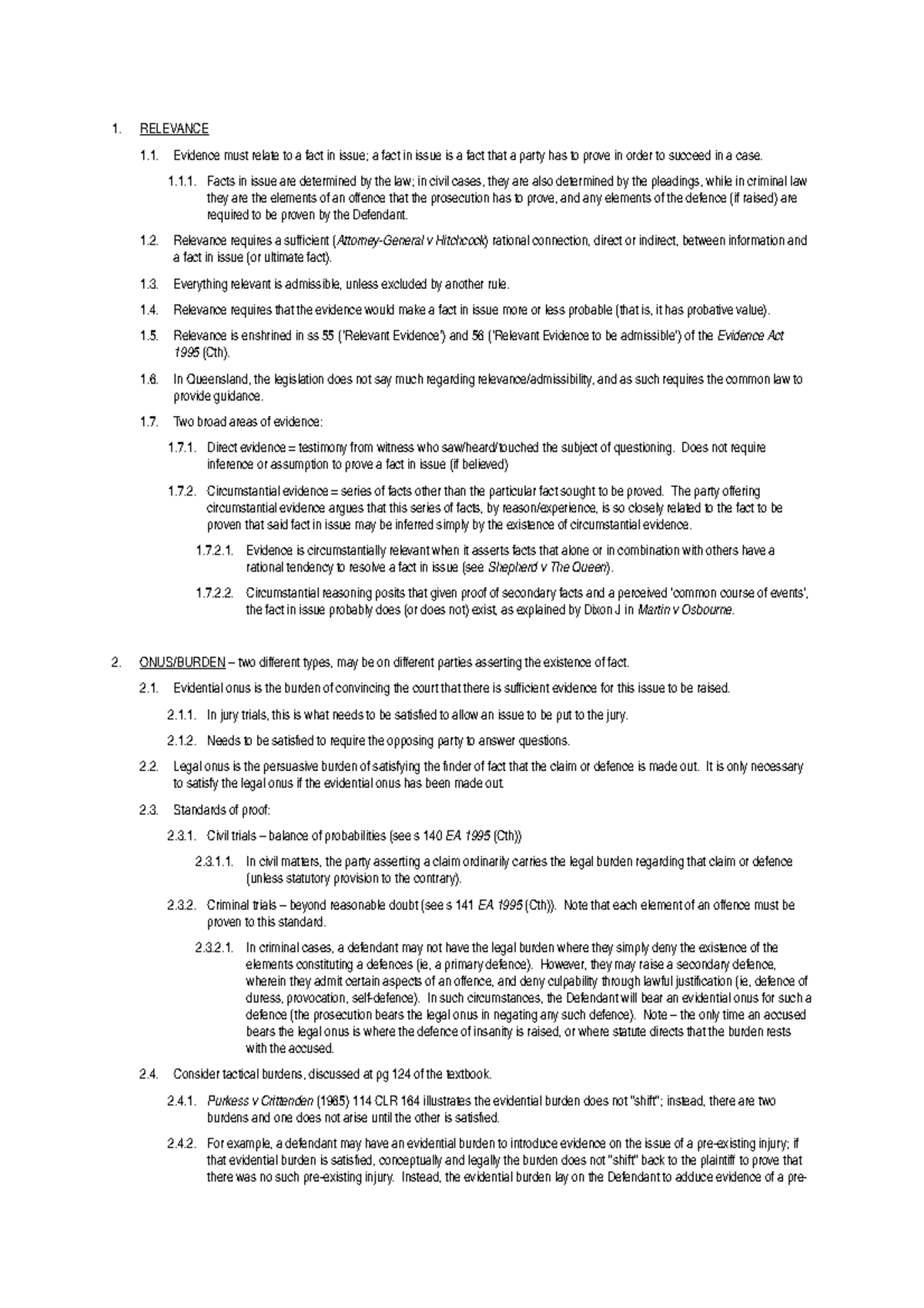 My Evidence Notes - M1-5 - 1. RELEVANCE Evidence must relate to a fact ...