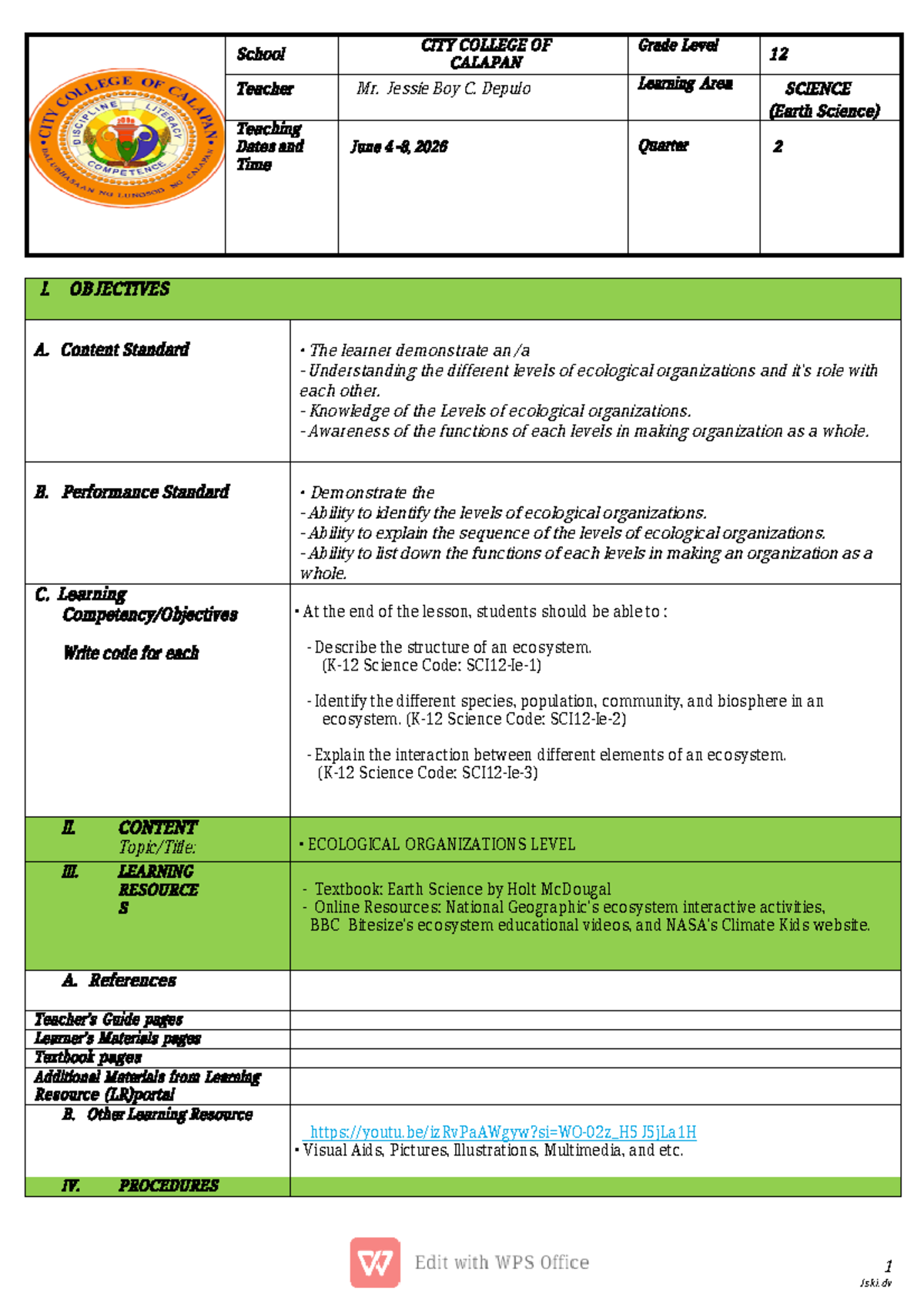 Earth Science Detailed Lesson PLAN - 1 School CITY COLLEGE OF CALAPAN ...