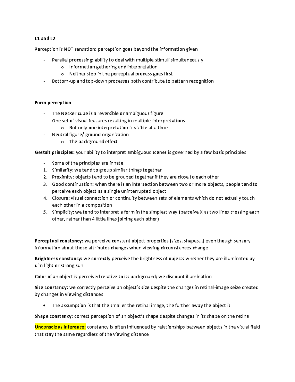 PNB 2XA3 - Perception lec - L1 and L Perception is NOT sensation ...