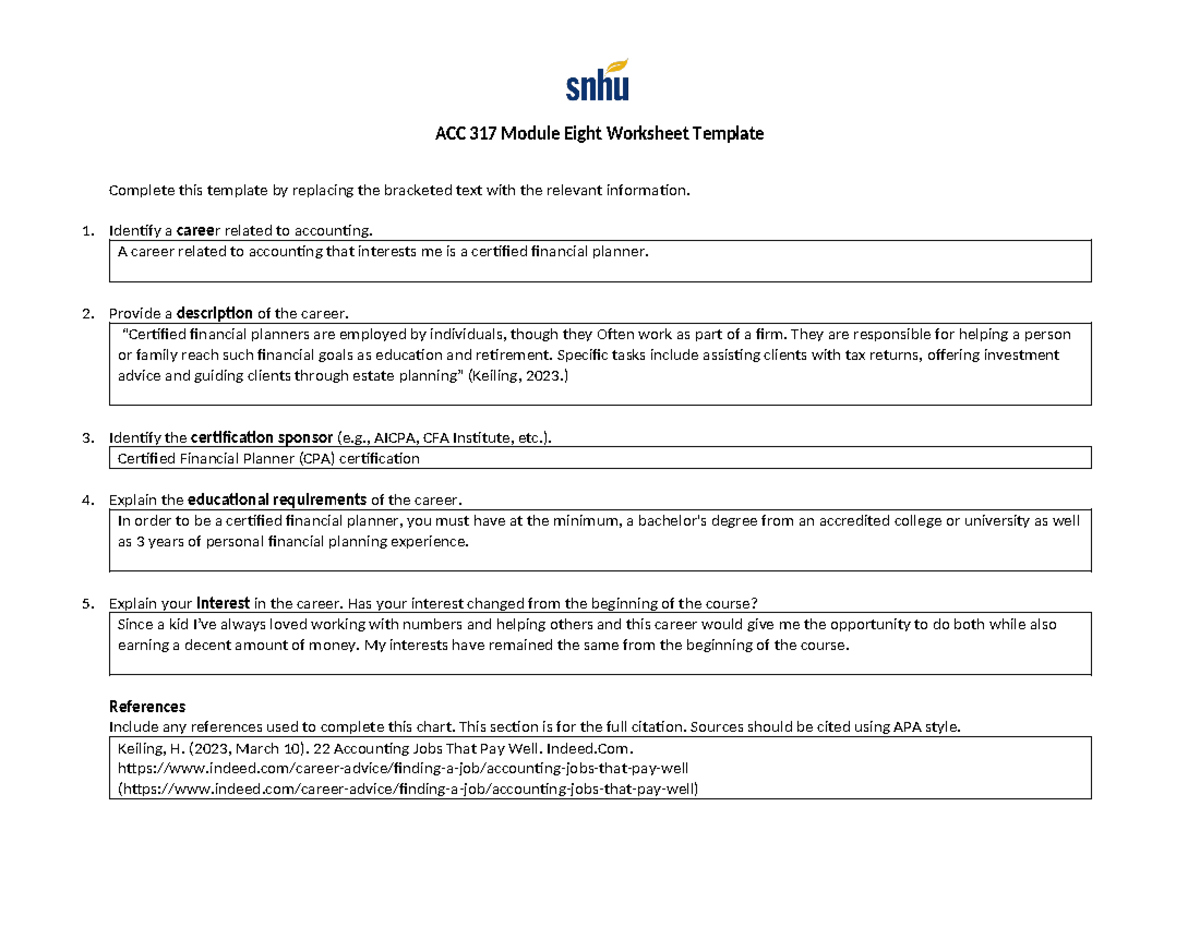 ACC 317 Module Eight Worksheet Template completed - Identify a career ...