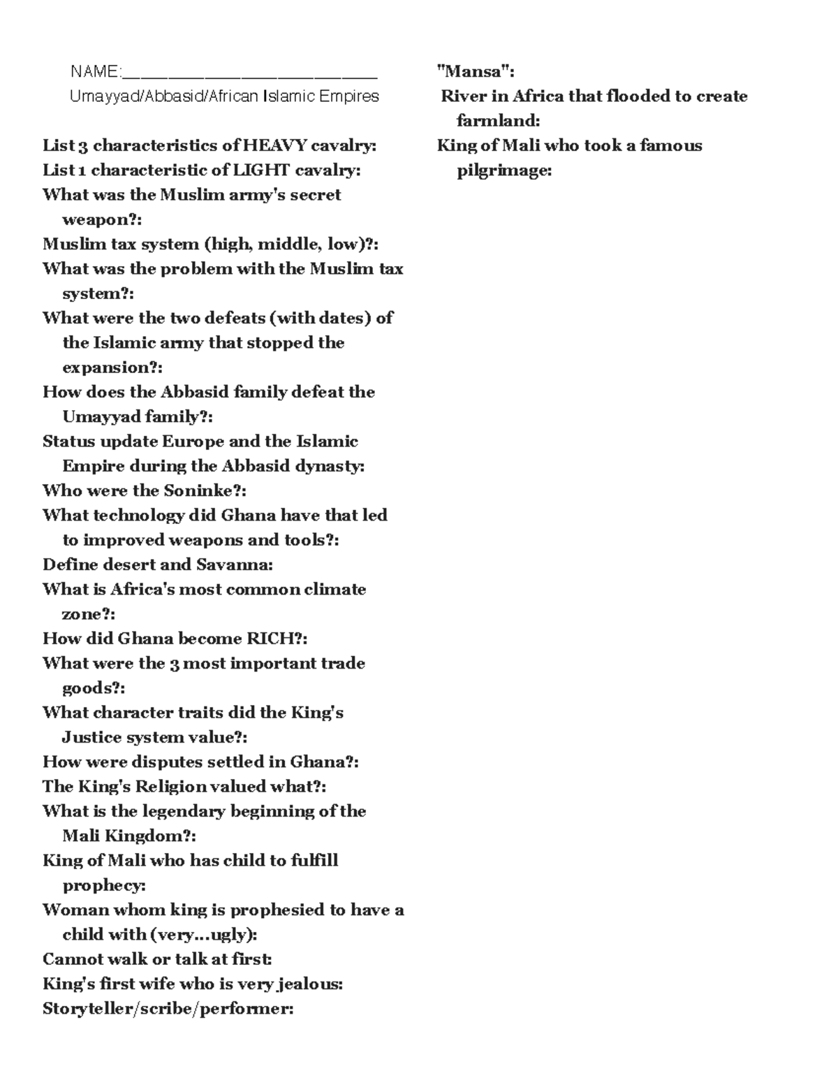 Umayyad Africa Study Guide - NAME:____________________________ Umayyad ...