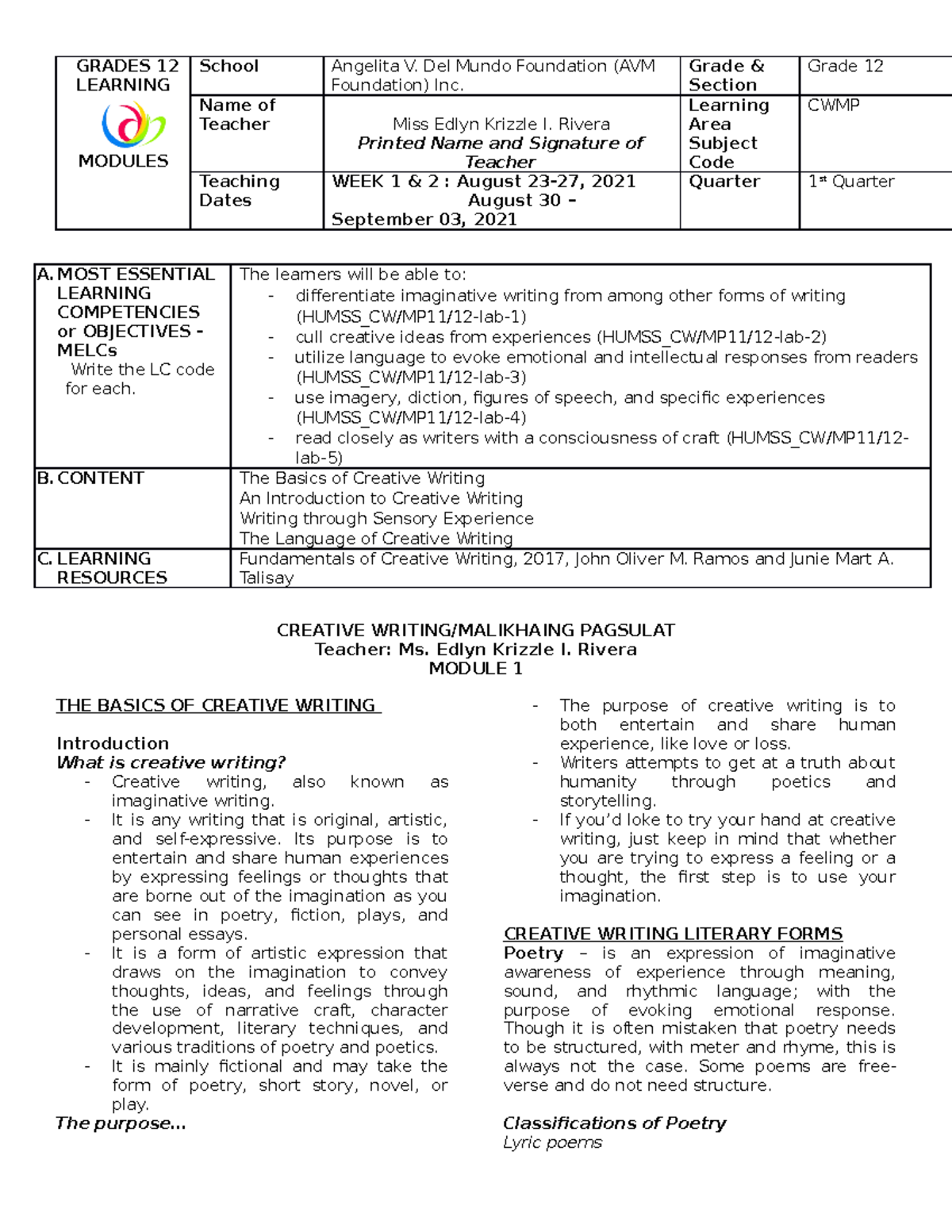 CWMP WEEK1 2 - j;;;;;ojl - GRADES 12 LEARNING MODULES School Angelita V ...