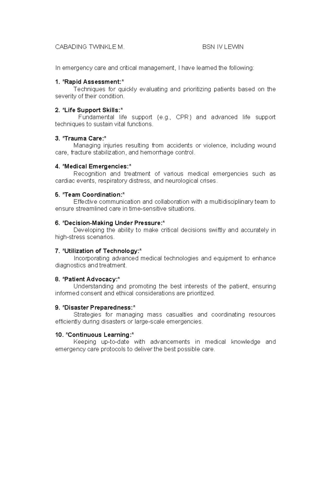 Cabading-A3 - none - CABADING TWINKLE M. BSN IV LEWIN In emergency care ...
