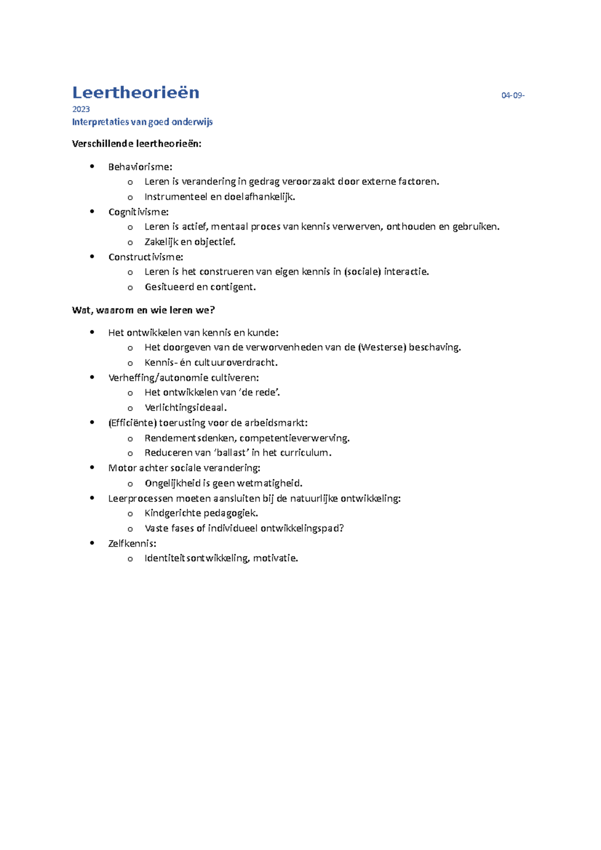 Aantekening hoorcollege - Leertheorieën 04-09- 2023 Interpretaties van ...