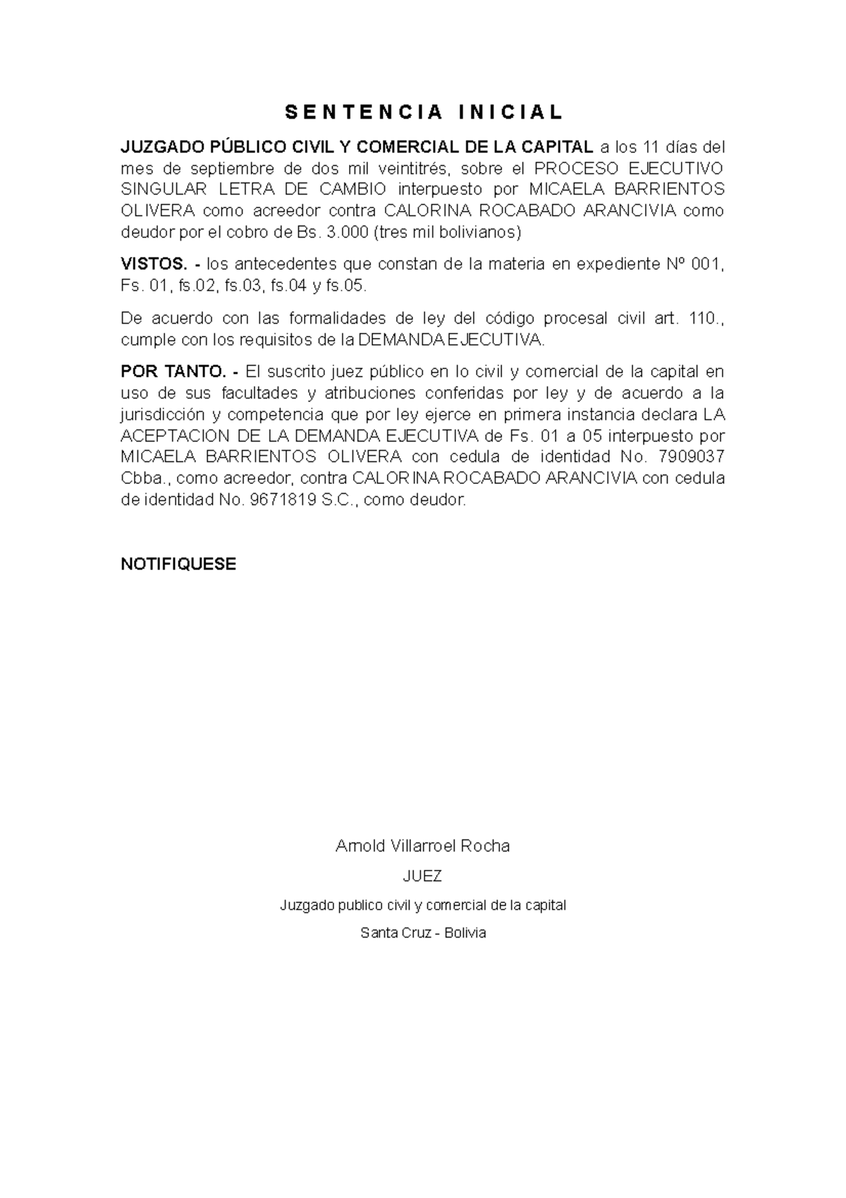 S E N T E N C I A - un modelo de sentencia - S E N T E N C I A I N I C ...