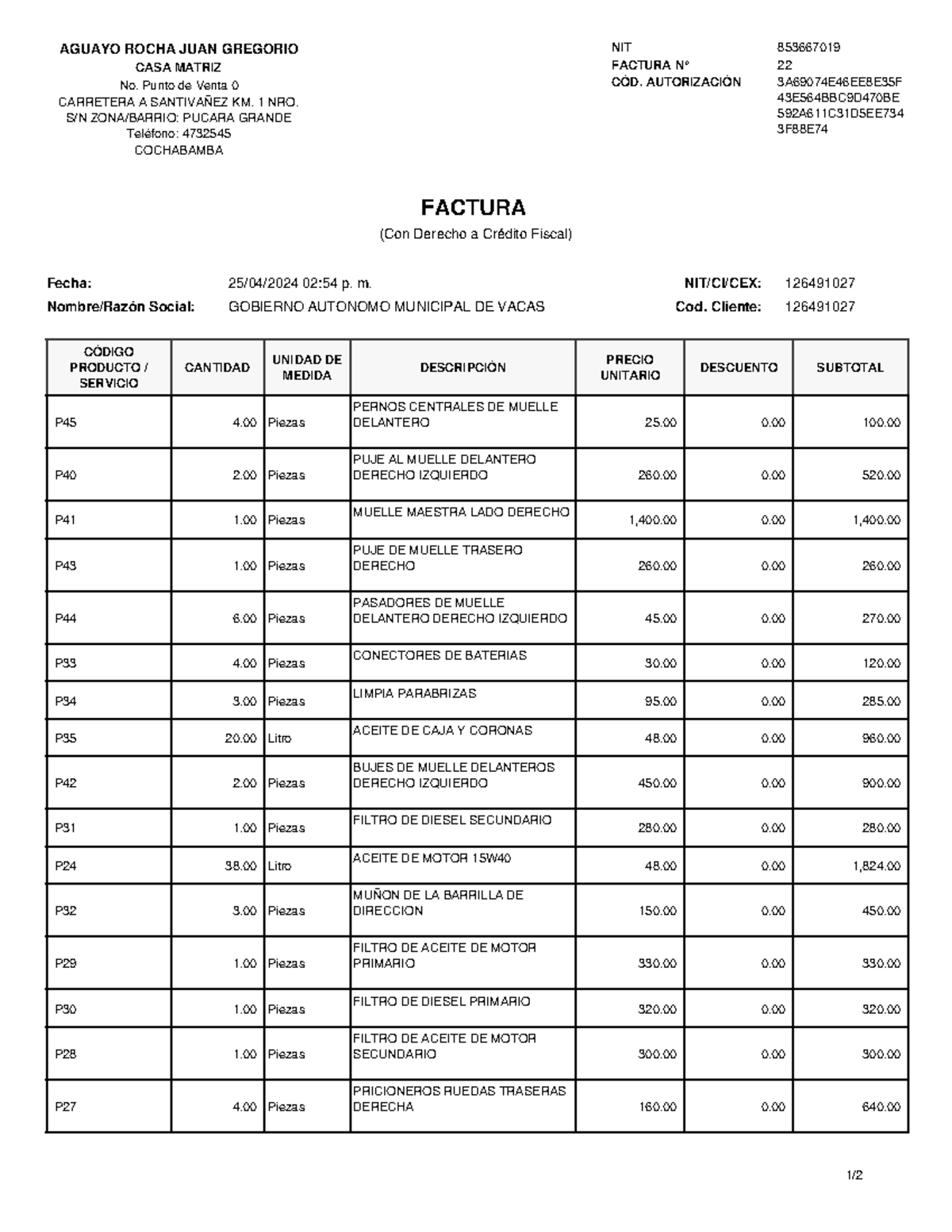 Factura vacas 2 - 45454545 - AGUAYO ROCHA JUAN GREGORIO CASA MATRIZ No ...