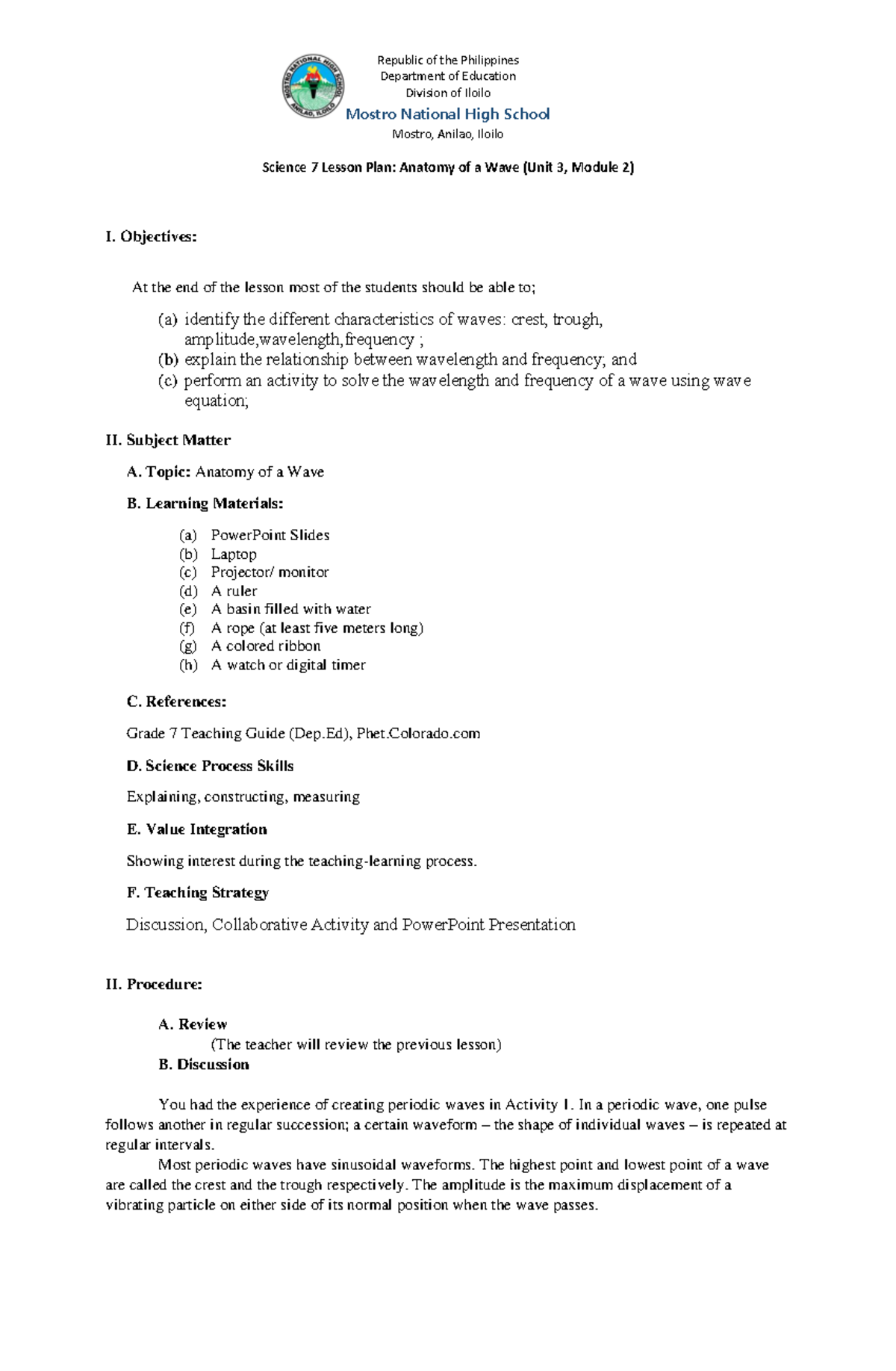 Ilide info science 7 lesson plan anatomy of a wave unit 3 module ...