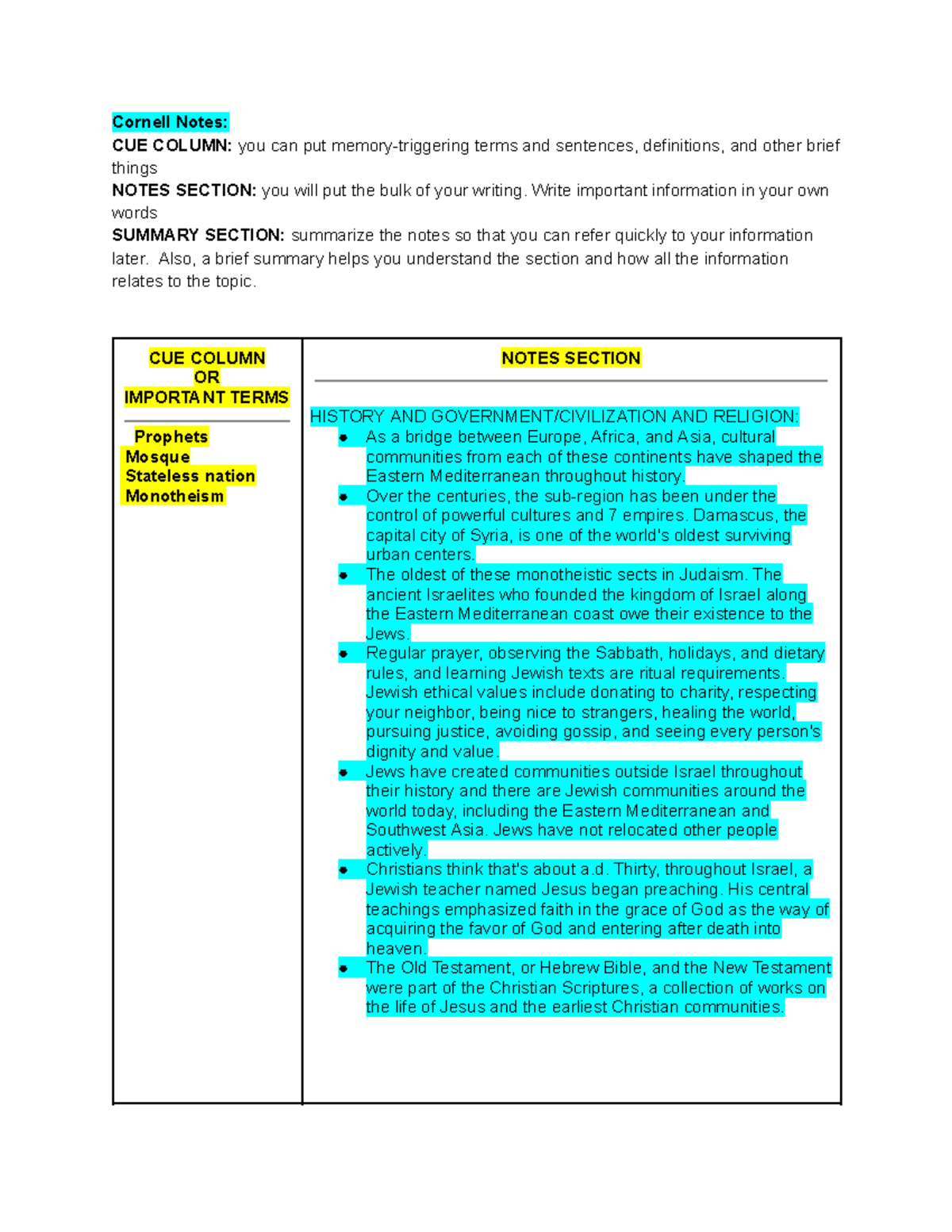 Cornell Notes EAST. Mediterranean PART 2 - Cornell Notes: CUE COLUMN ...