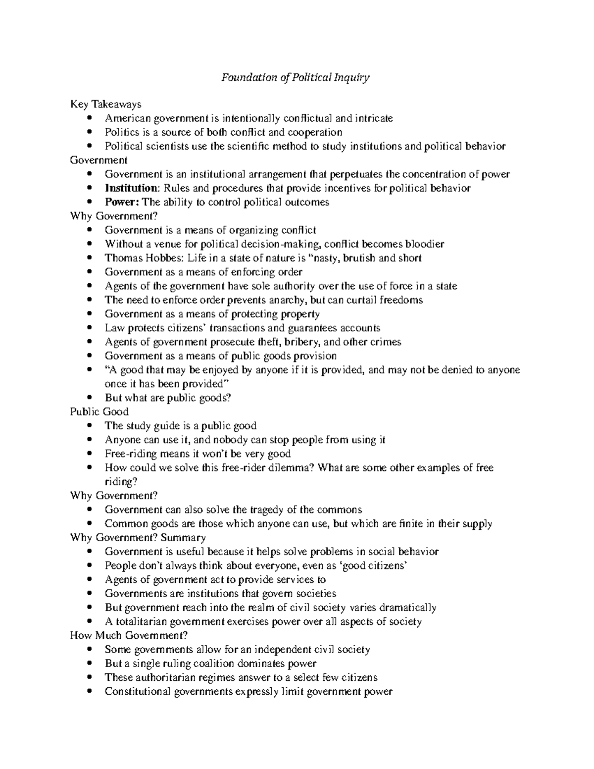 Notes: Foundations of Political Inquiry - Foundation of Political ...
