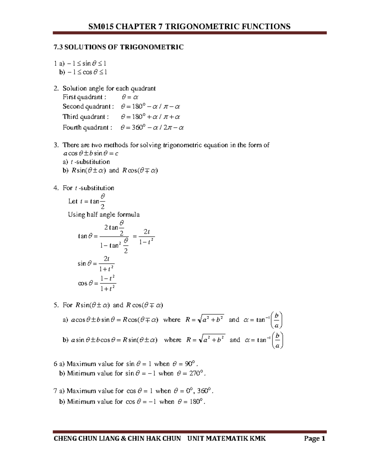 7.3 Solutions of Trigonometric - 7 SOLUTIONS OF TRIGONOMETRIC 1 a) 1 sin 1 b) 1 cos 1 - Studocu