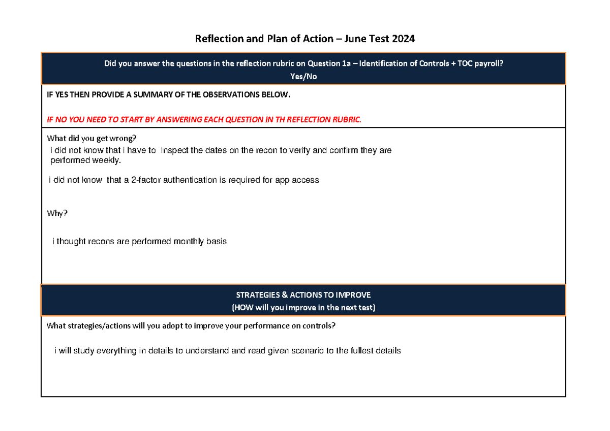Reflection and Plan of Action - June - IF NO YOU NEED TO START BY ...