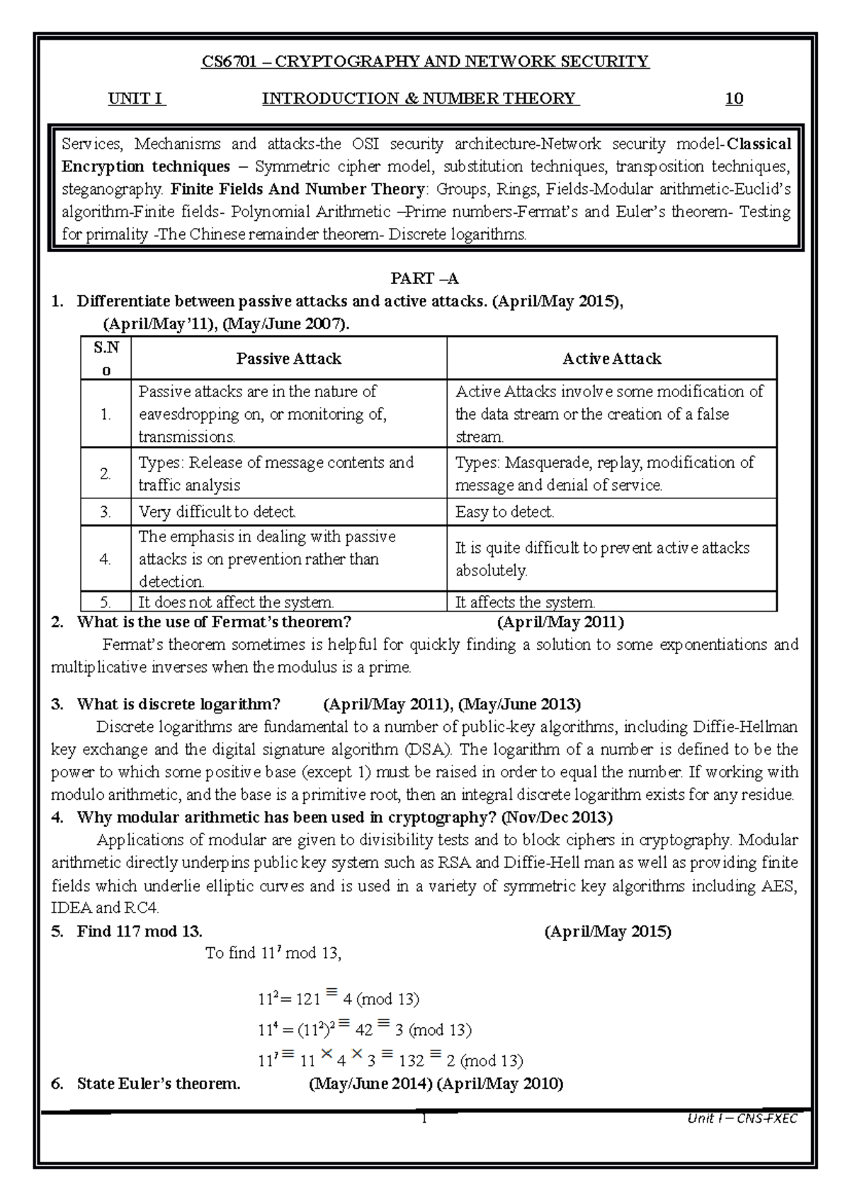 1597648655115 Unit - I - CNS - Notes - CS6701 – CRYPTOGRAPHY AND ...