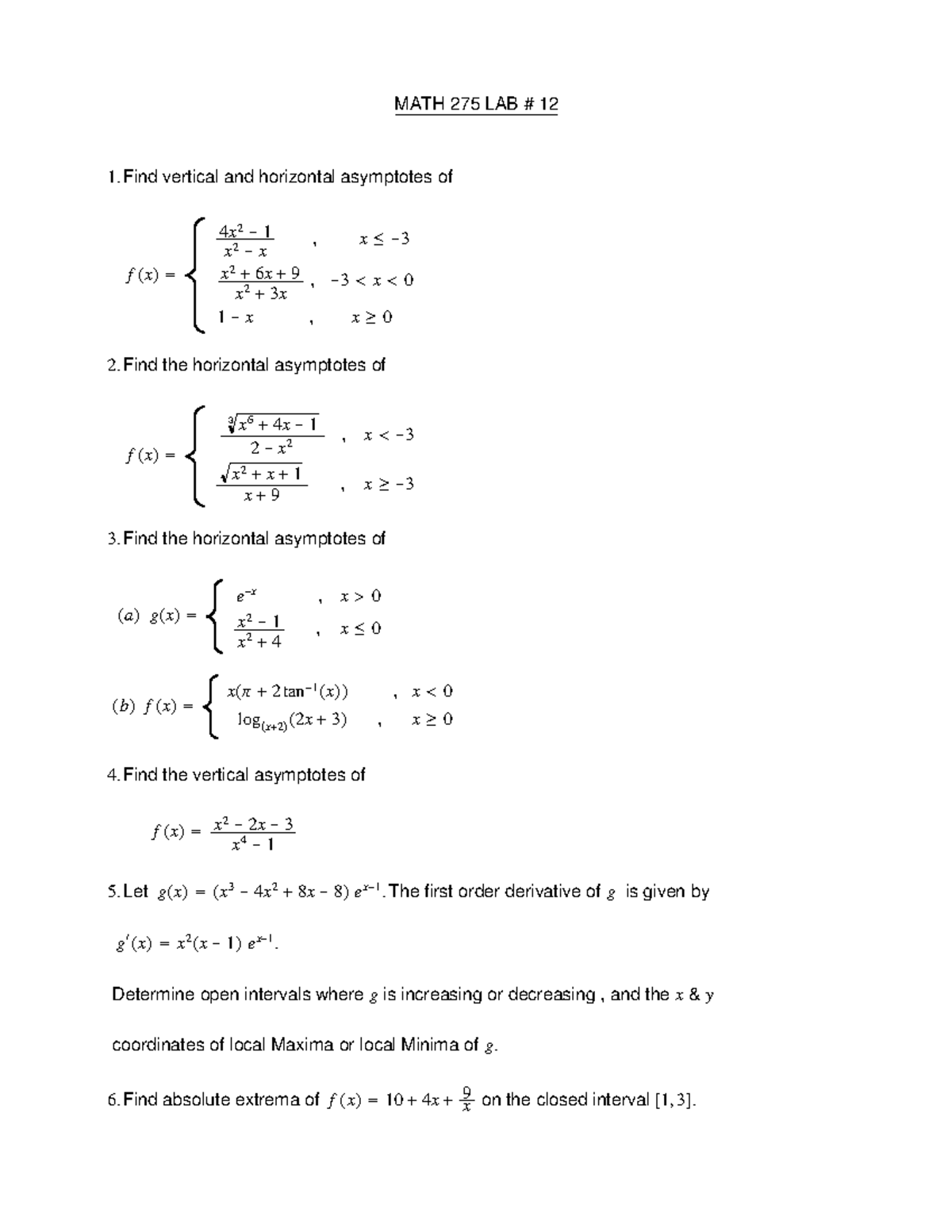 MATH275Lab12 - Lab w/ solutions - MATH 275 LAB # 12 1. Find vertical ...
