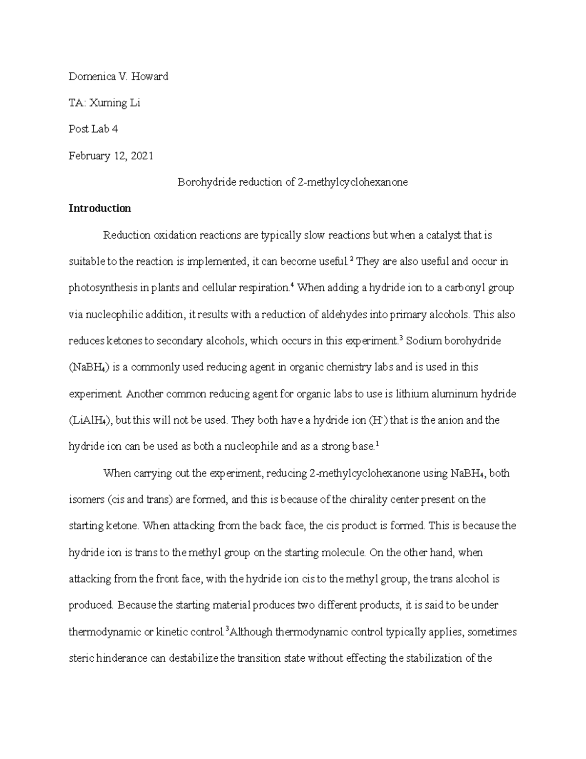 Post lab 4 - Domenica V. Howard TA: Xuming Li Post Lab 4 February 12 ...