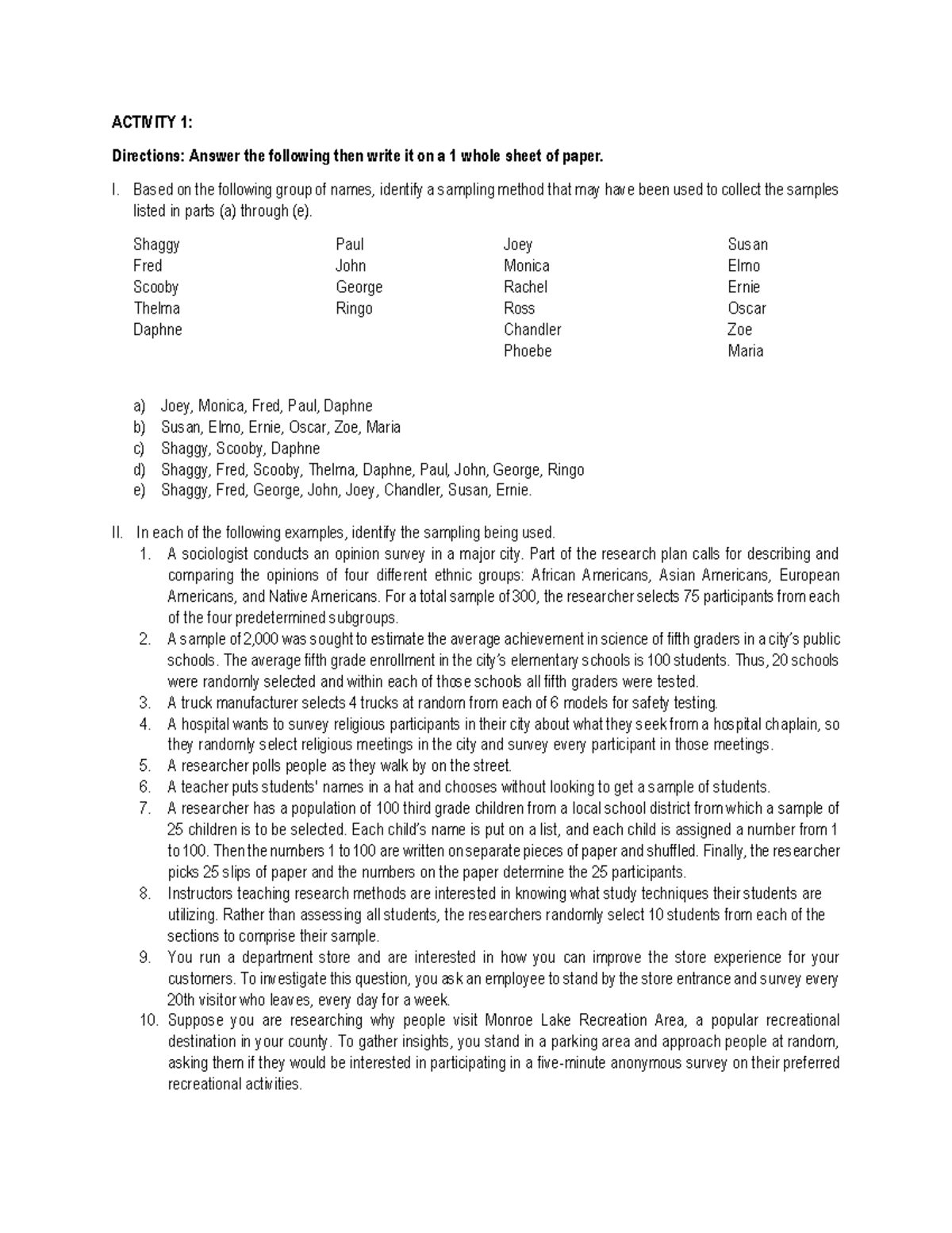 Statistics AND Probability Activity 1 - ACTIVITY 1: Directions: Answer ...