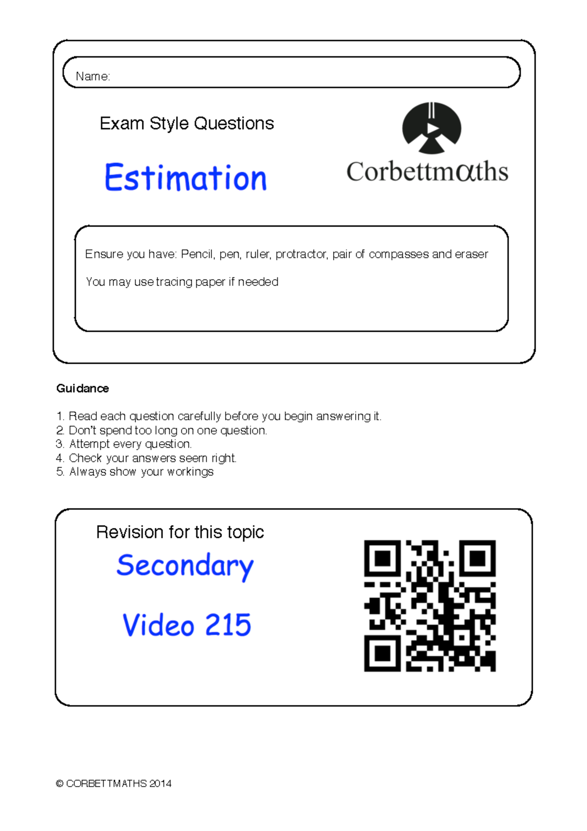 Estimation-pdf - Estimation worksheet booklet - Name: Exam Style ...