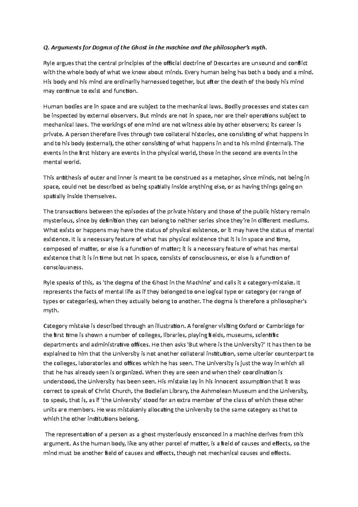 2. Ryle - Gilbert Ryle on Descartes Myth - Q. Arguments for Dogma of ...