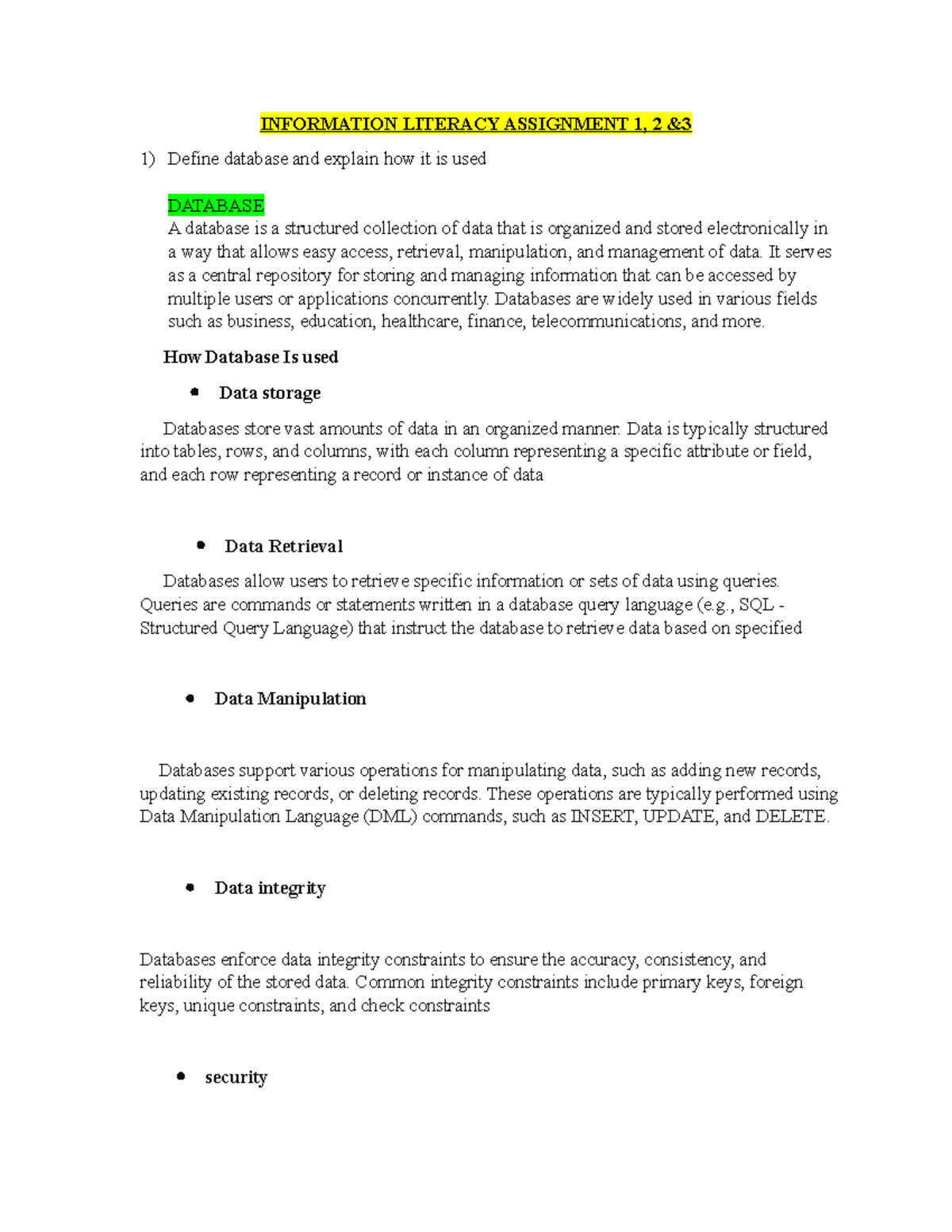 IT123 - INFORMATION LITERACY ASSIGNMENT 1, 2 & Define database and ...