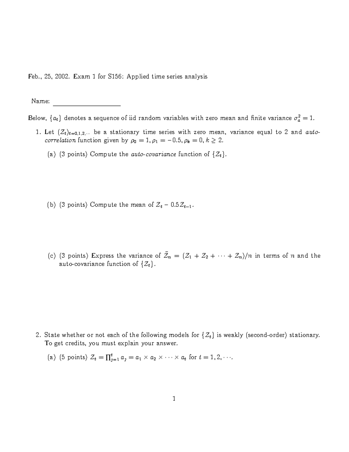 Exam1-02 - Introductory Econometrics - Feb., 25, 2002. Exam 1 for S156 ...